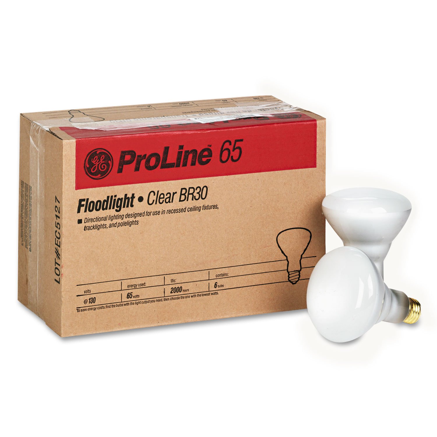 GE 24705 Incandescent Indoor Floodlight Bulbs w/Reflector, 65 Watts, 130 Volt, 6/Carton