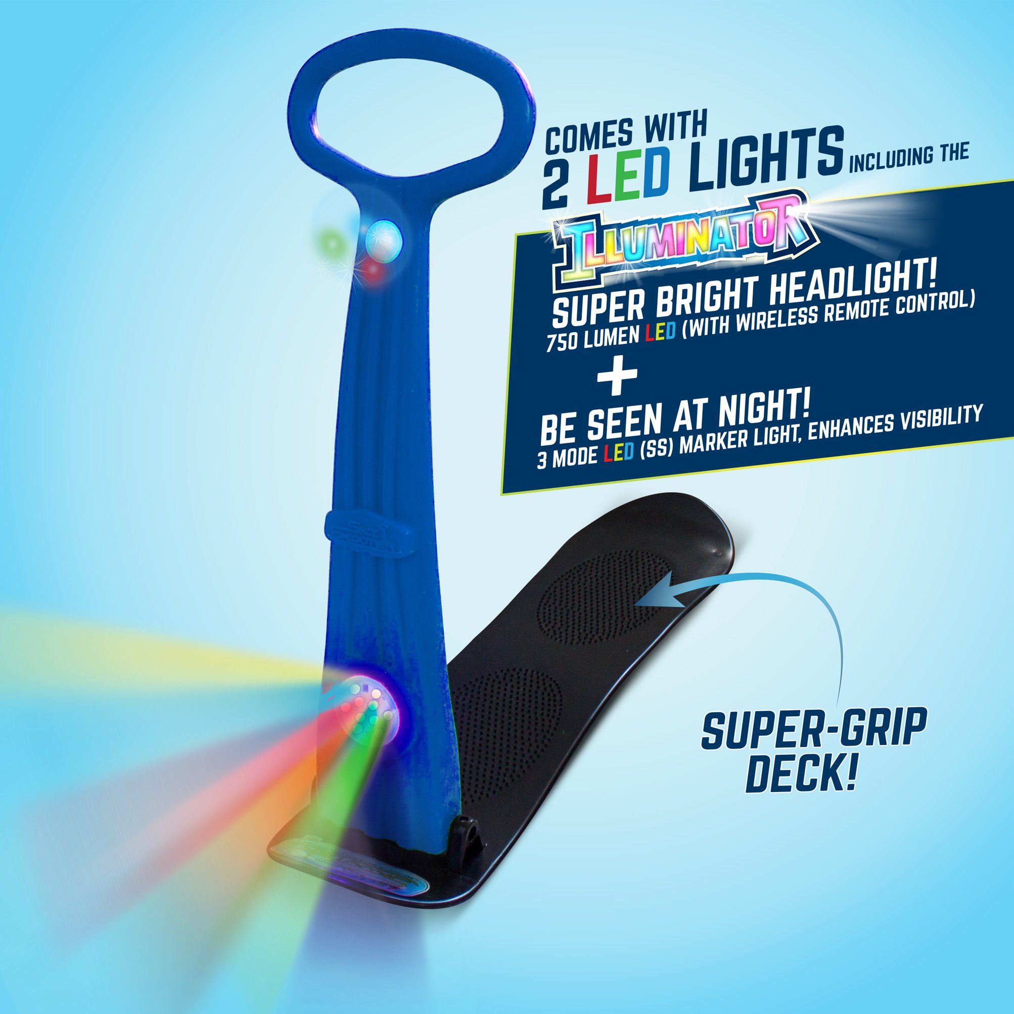 Geospace Twin LED Illuminator Ski Skooter Snow Sled with 2 LED Lights for Winter Fun & Max Visibility: Fold-up Portable Snowboard Kick-Scooter Sled for Use on Snow (Blue)