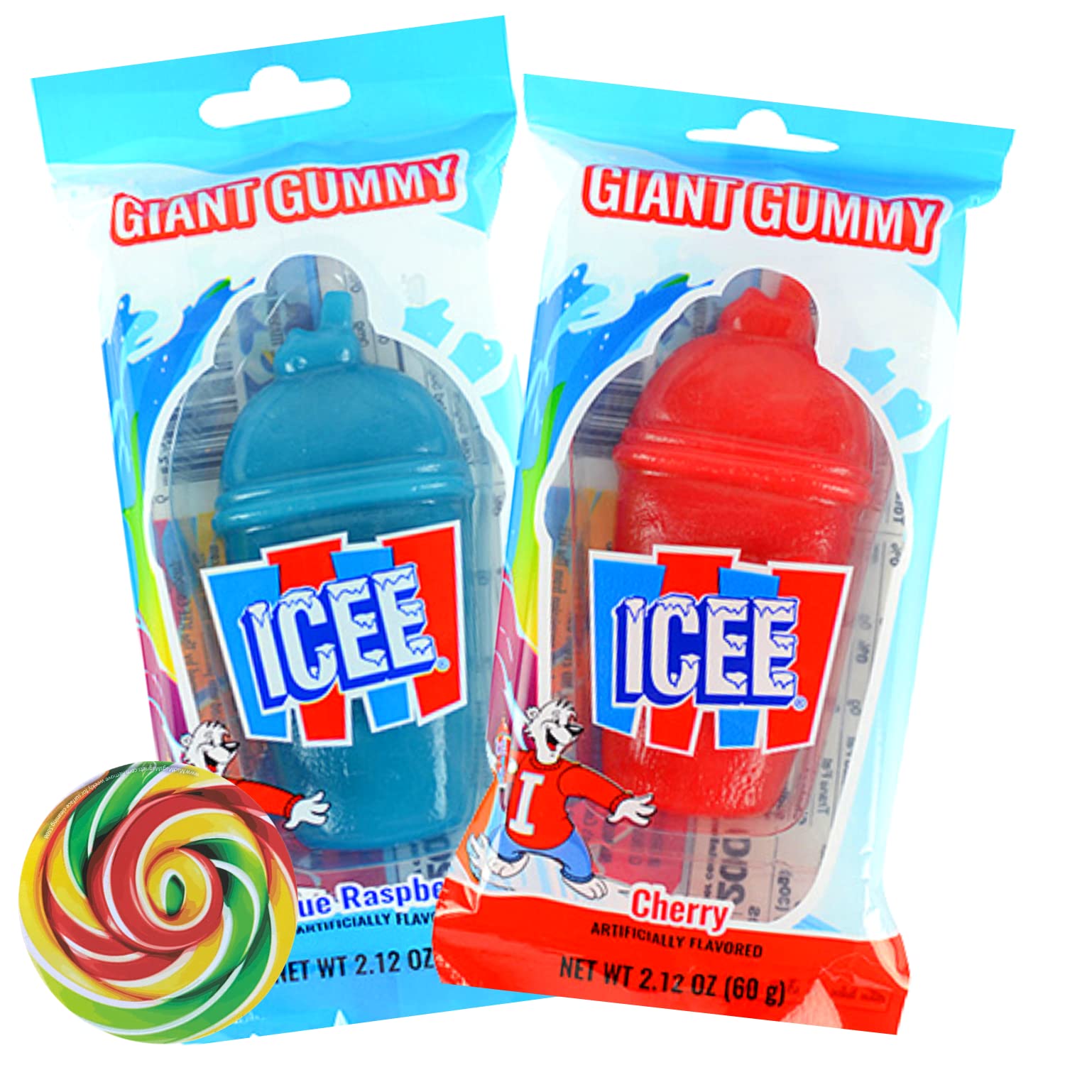 Giant ICEE Gummy Candy, Individually Wrapped Cherry and Blue Raspberry Flavored Gummies, Gift Basket Fillers or Birthday Party Favors, Pack of 2, 2.12 Ounces