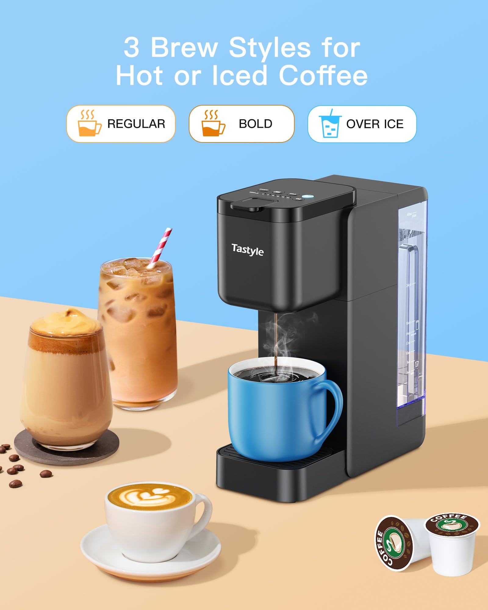 Tastyle Single Serve Coffee Maker, Iced and Hot Coffee Brewer for K Cup & Ground Coffee, with Removable 40 oz. Water Reservoir, 6 to 24 oz. Brew Sizes, Includes Bold & Descale Settings, Black