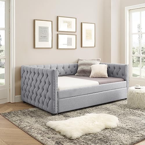Sofa Bed, Sleeper Sofa- 2 in 1 Pull Out Couch Bed, Sofa Sleeper with Pull Out Bed, with Button and Copper Nail on Square Arms,Full Daybed & Twin Trundle, Grey(85“x57”x31.5“)