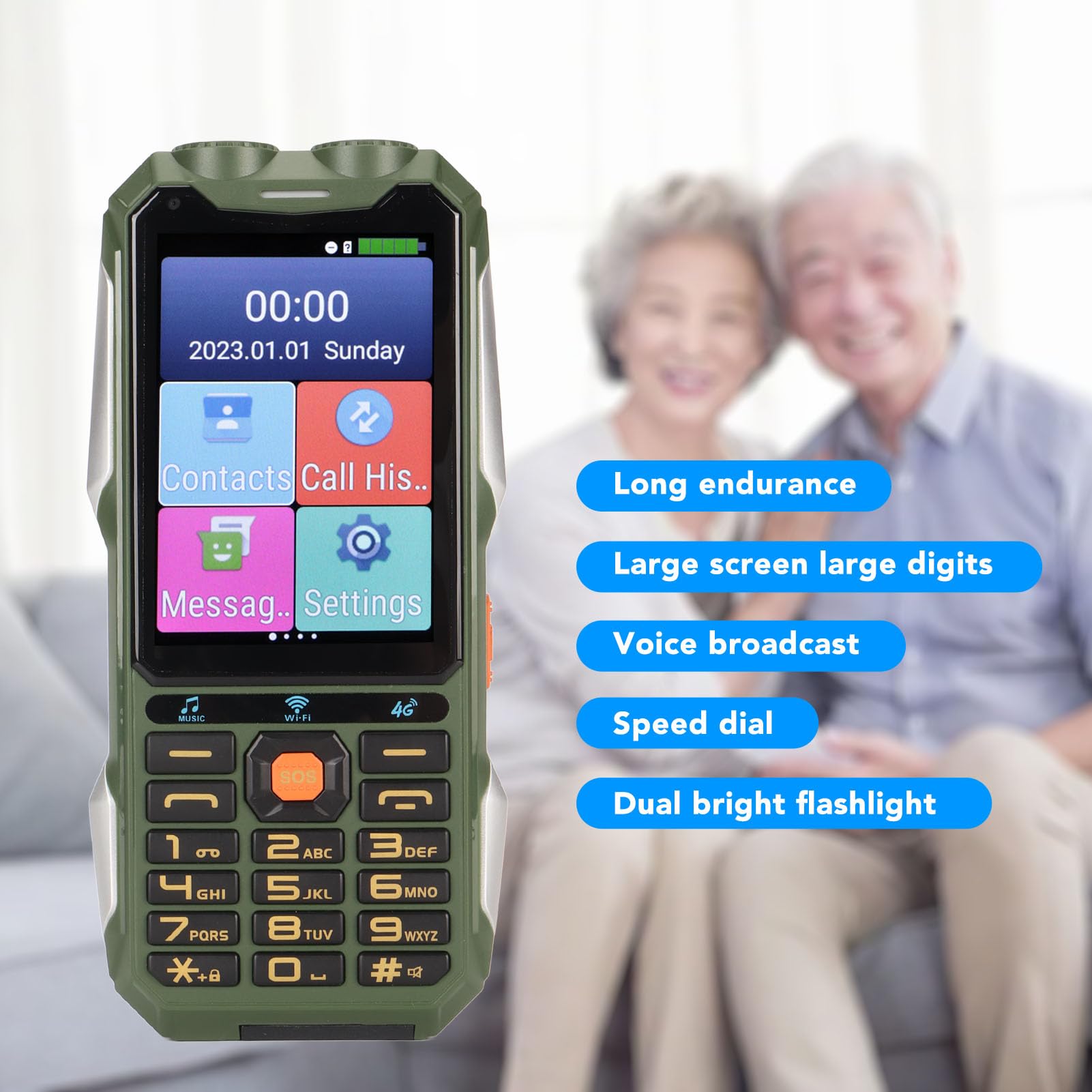 GOWENIC Rugged Senior Cellphone, 4G 4in Touch Screen, Large Button, 18000mAh Battery, LED Flashlight, Loud Sound, Quick Dial Phone,7.0, Extended Standby Time (Green)