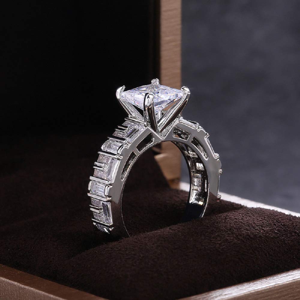 GUIDECUN Princess Cut Simulated Diamond Ring, French Baguette Emerald Cut Side StoneCubic Zirconia Stone Promise Engagement Ring for Women (US Size 6)
