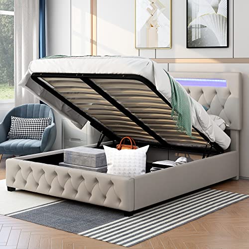 Queen Size Upholstered Platform Bed with Gas Lift up Storage,Adjustable Headboard Featured w/Bluetooth Audio, LED Light and USB Charging,Hydraulic Storage Platform Bed for Kids Teens Adults
