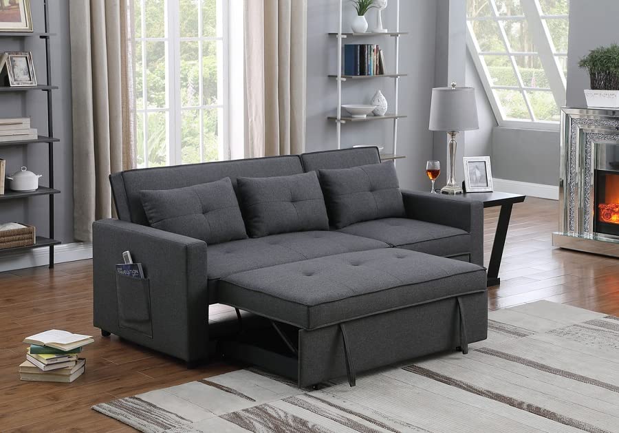 Rovinj Contemporary Convertible Sleeper Sofa with Side Pocket in Linen Fabric (Dark Gray)