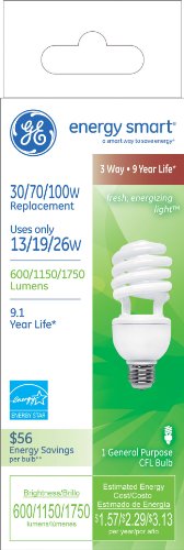 GE 77123 13/19/26-Watt 600/1150/1750-Lumen General Purpose T3 Spiral CFL Bulb, Soft White