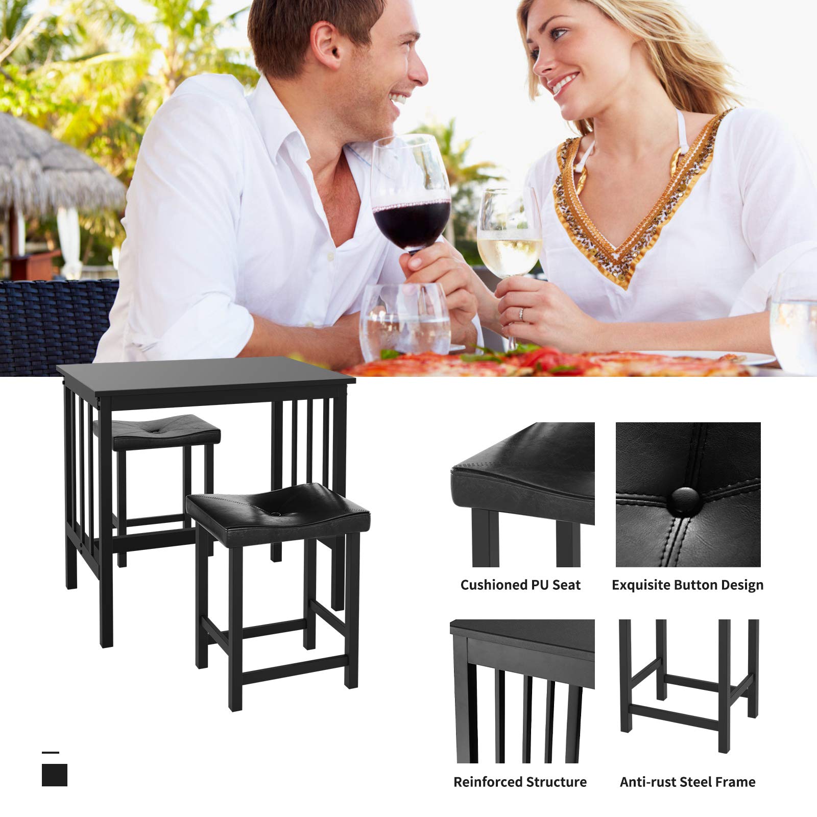 Giantex 3 piece Dining Set, Counter Height Table Set with Black Frosted Tabletop and Metal Frame for Kitchen, Bar or Apartment w/ 2 Faux Leather Backless Stools, Compact, Space-Saving Design