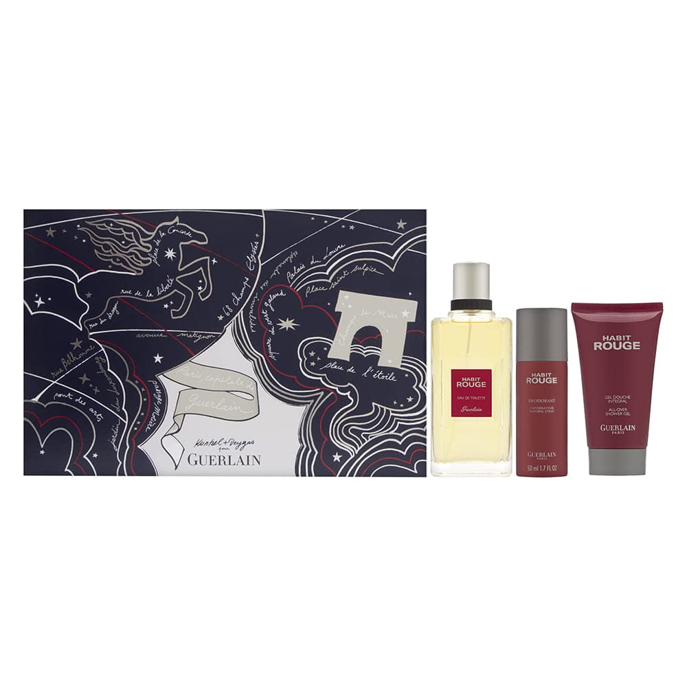 Guerlain Habit Rouge for Men 3 Piece Set Includes: 3.3 oz Eau de Toilette Spray + 2.5 oz All-Over Shampoo + 1.7 oz Deodorant