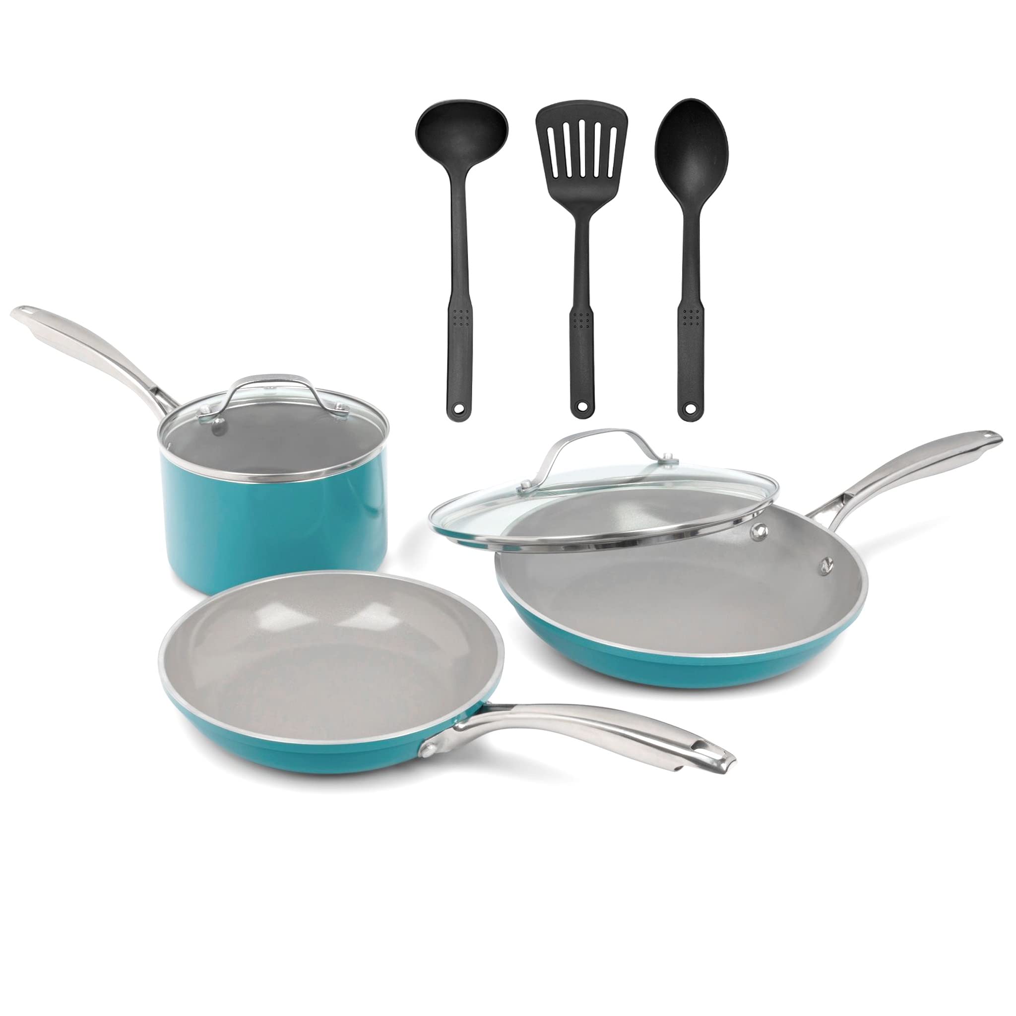 Gotham Steel 8 Piece Cookware Set Pots and Pans Set with Ultra Nonstick Ceramic Coating, 100% PFOA PFAS Free Cookware Set, Stay Cool Handle, Metal Utensil, Oven & Dishwasher Safe - Ocean Blue