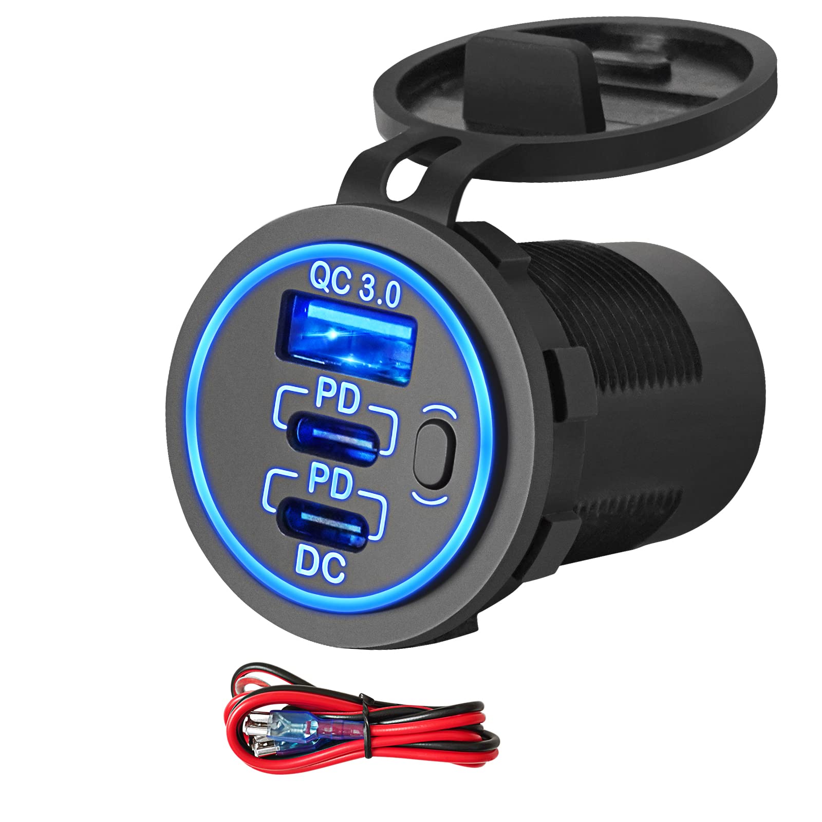 KMORET 12V USB C Outlet Dual PD 20W USB-C and QC3.0 USB Port Car Charger Socket with Switch for Car RV Boat Marine Truck Motorcycle