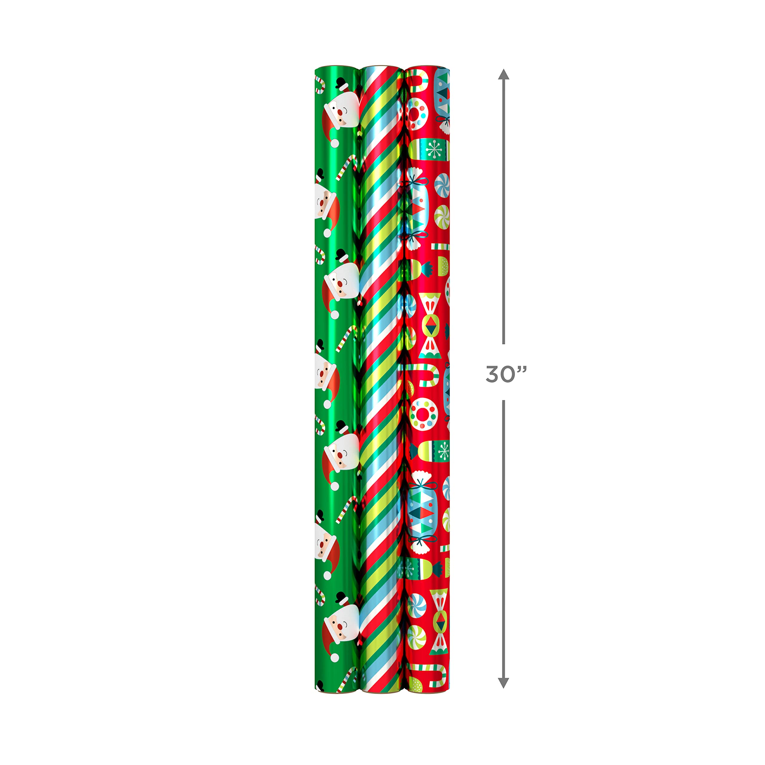 Hallmark Foil Christmas Wrapping Paper with Cut Lines on Reverse (3 Rolls: 60 sq. ft. ttl) Cute Santa, Colorful Candy Canes, Blue, Green, Red Stripes