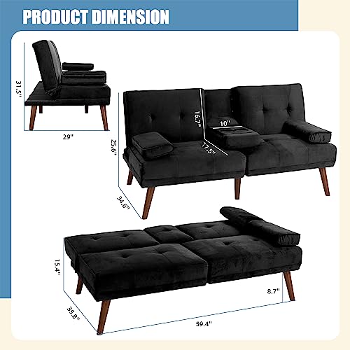 Shintenchi Small Futon Sofa Bed, 60" Reclining Convertible Velvet Loveseat with 2 Cup Holders, Modern Folding Couch w/Armrests, Upholstered Foldable Sleeper for Small Space, Black