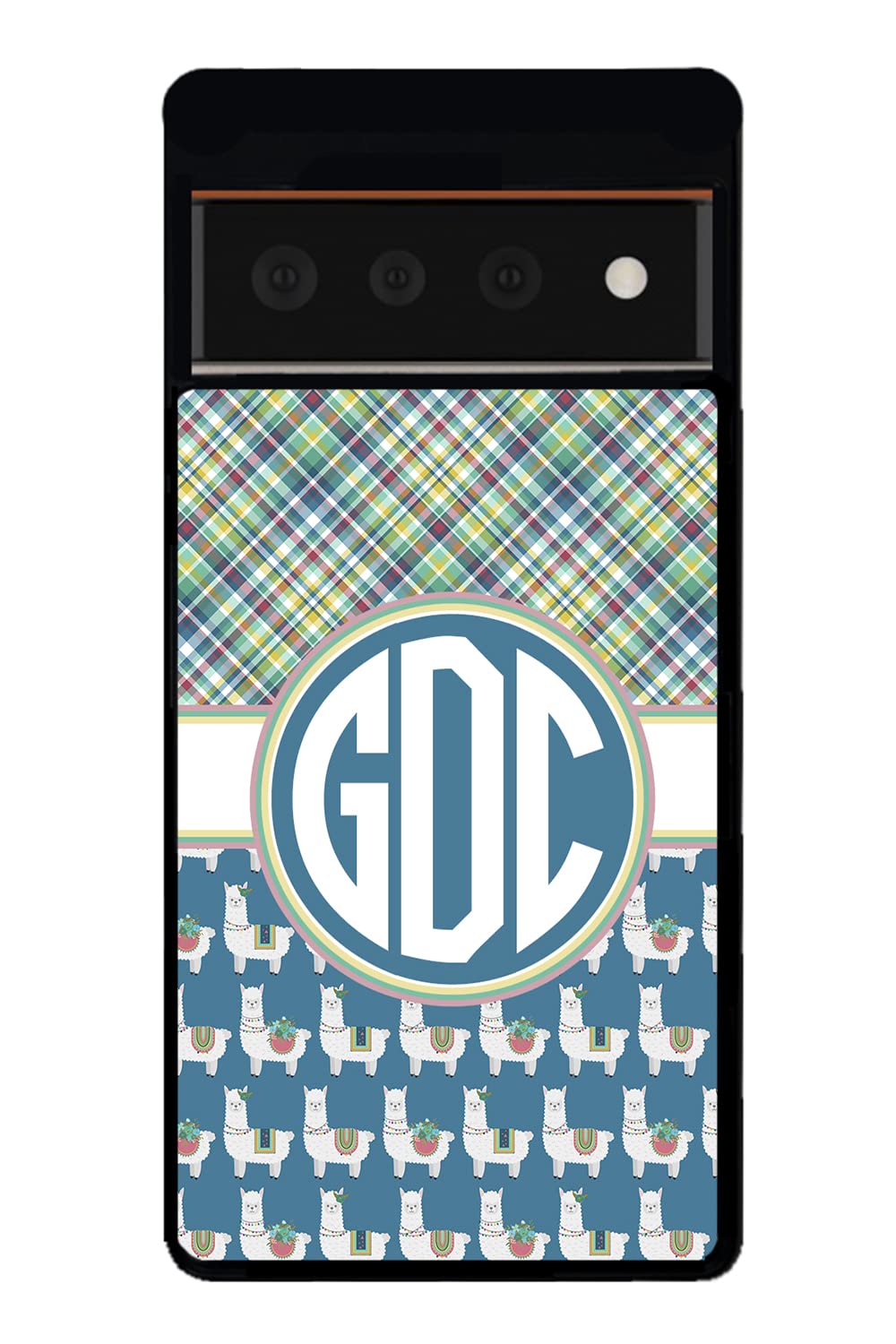 Green Blue and White Plaid Llama Monogram Black Rubber Phone Case Compatible With Google Pixel 8 Pro, 8a, 8, 7a, 7, Pixel 7 Pro, 6a, Pixel 6 Pro, 6, 5, 4a 5G, 4a 4G, 4, 4 XL, 3a, 3a XL, 3