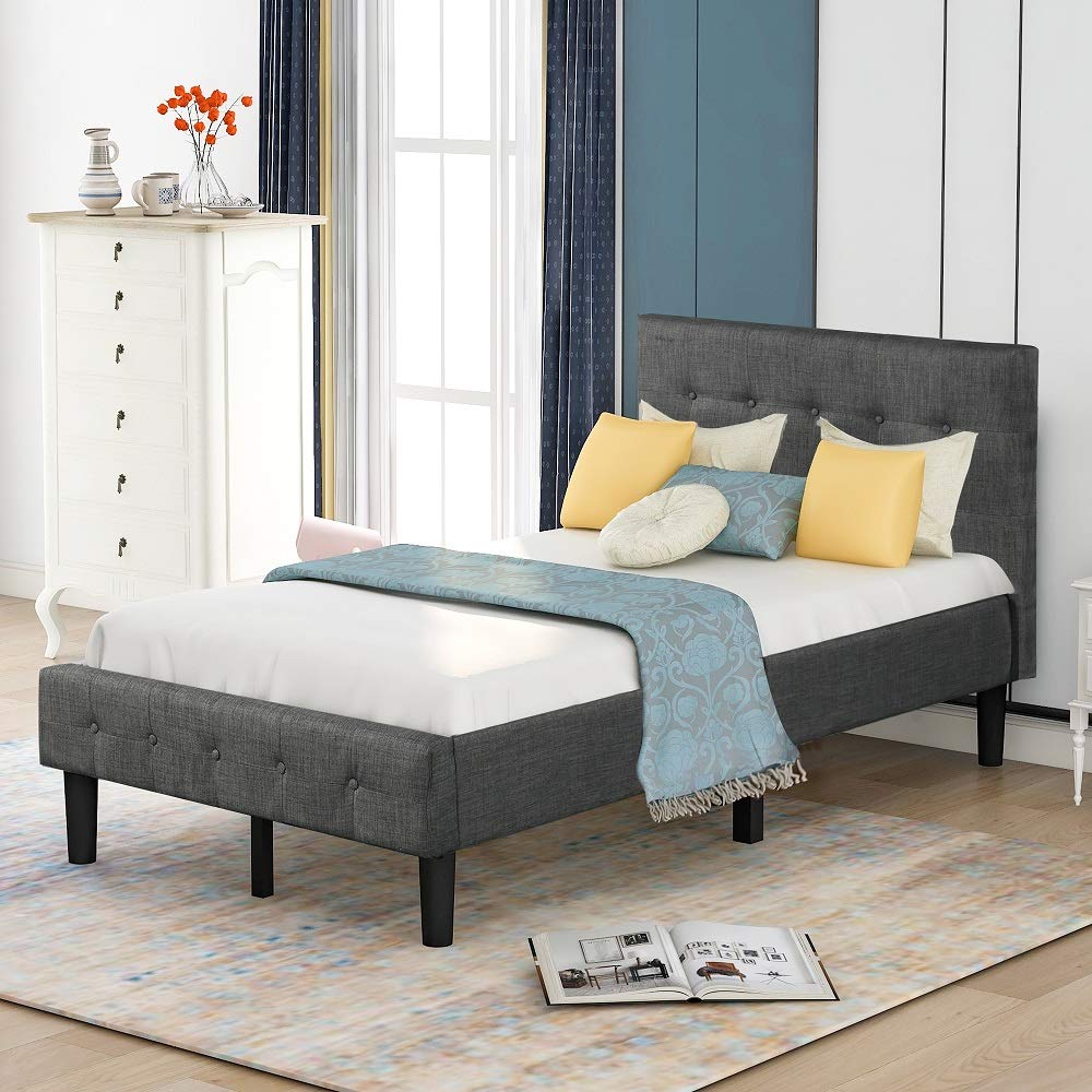 Harper & Bright Designs Wood Twin Upholstered Bed Frame with Headboard and Footboard, Strong Wooden Slats, No Box Spring Needed (Grey)