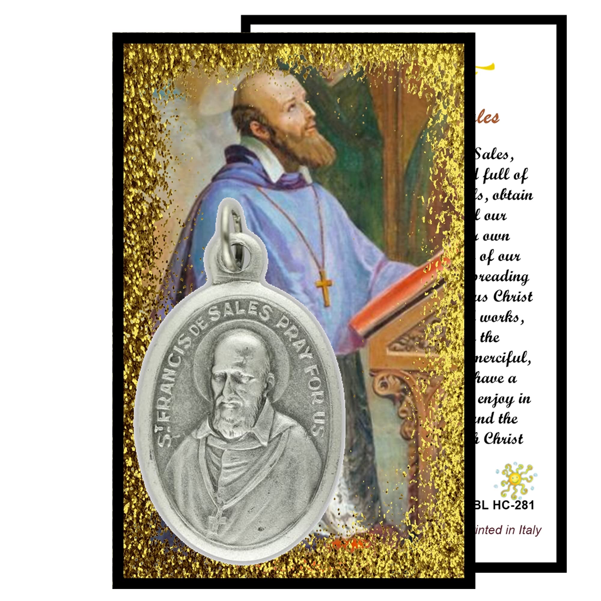 Gifts by Lulee, LLC Saint Francis of Sales Patron of Those Suffering From Deafness Silver Oxidized Medal and Blessed Prayer Card