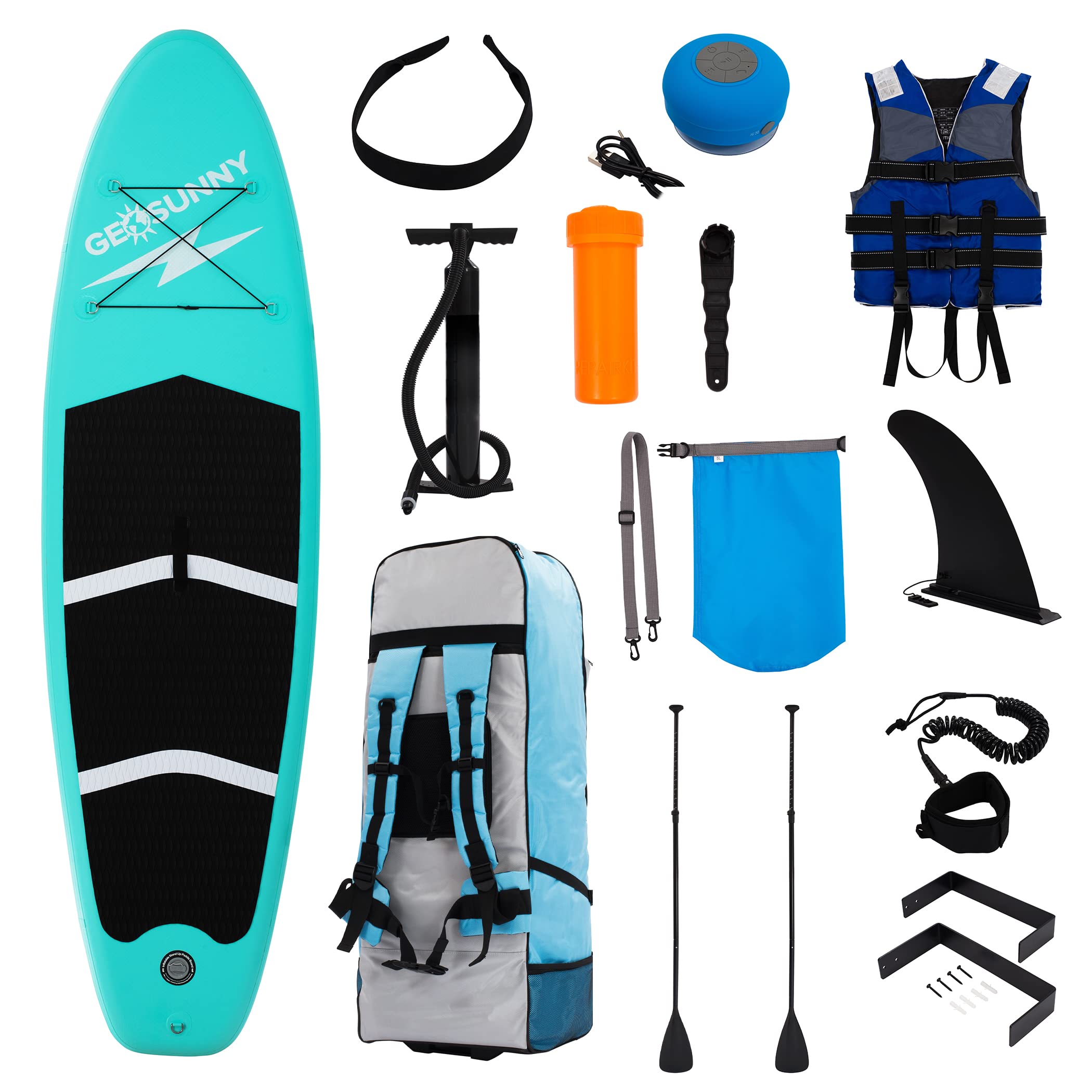 GEOSUNNY Inflatable Paddle Board-10ft. 32"x6" for Kayak, Surfing, Paddleboarding- Non-Slip Deck, 3 Fins -with Hand Pump, Paddle, Backpack, Repair Kit, Leash, Removable Fin, Accessories, Blue & Black