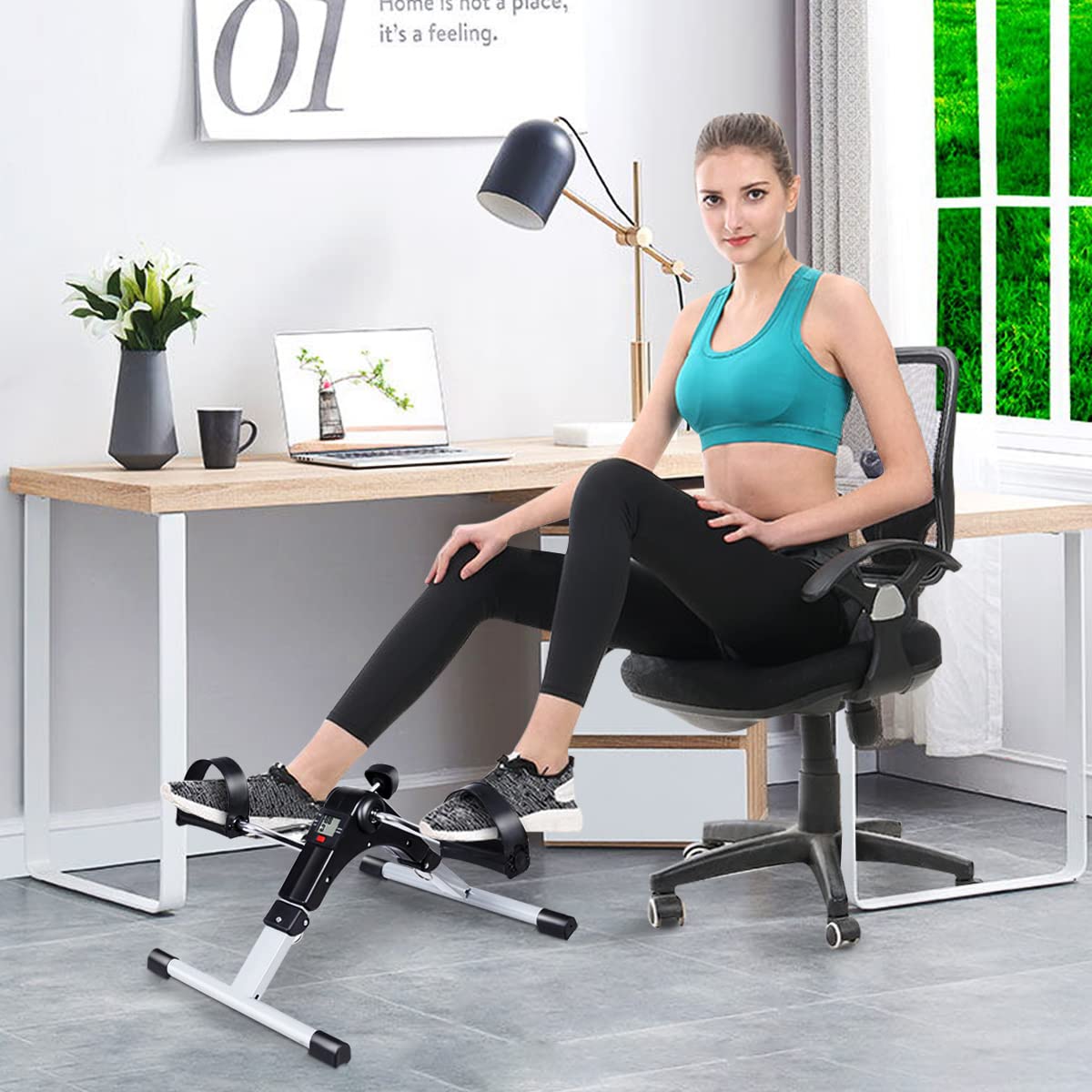 GYMAX Under Desk Bike Pedal Exerciser, Folding Mini Foot/Arm/Leg Pedal Exerciser with LCD Monitor & Adjustable Resistance, Fully Assembled Floor Pedal Exerciser