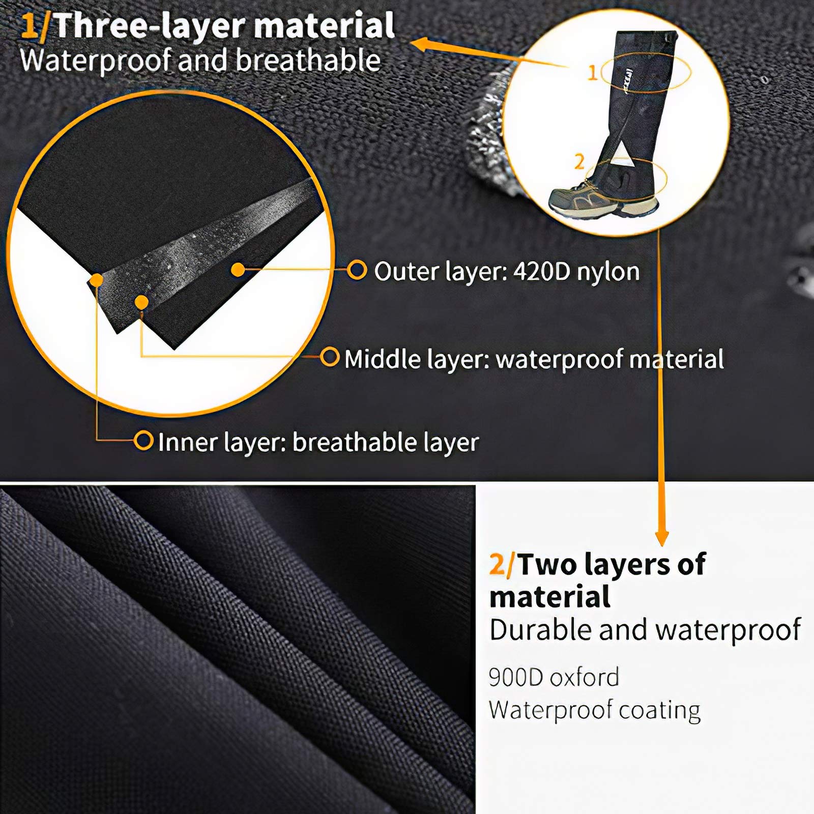 IPXSP Leg Gaiters – Waterproof and Adjustable Snow Boot Gaiters for Hiking, Walking, Hunting, Mountain Climbing and Snowshoeing(Large)
