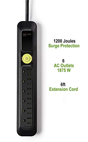 Power Strip Surge Protector with 6 Outlets Heavy Duty 6 ft Extension Cord for Home and Office by Easylife Tech, Black