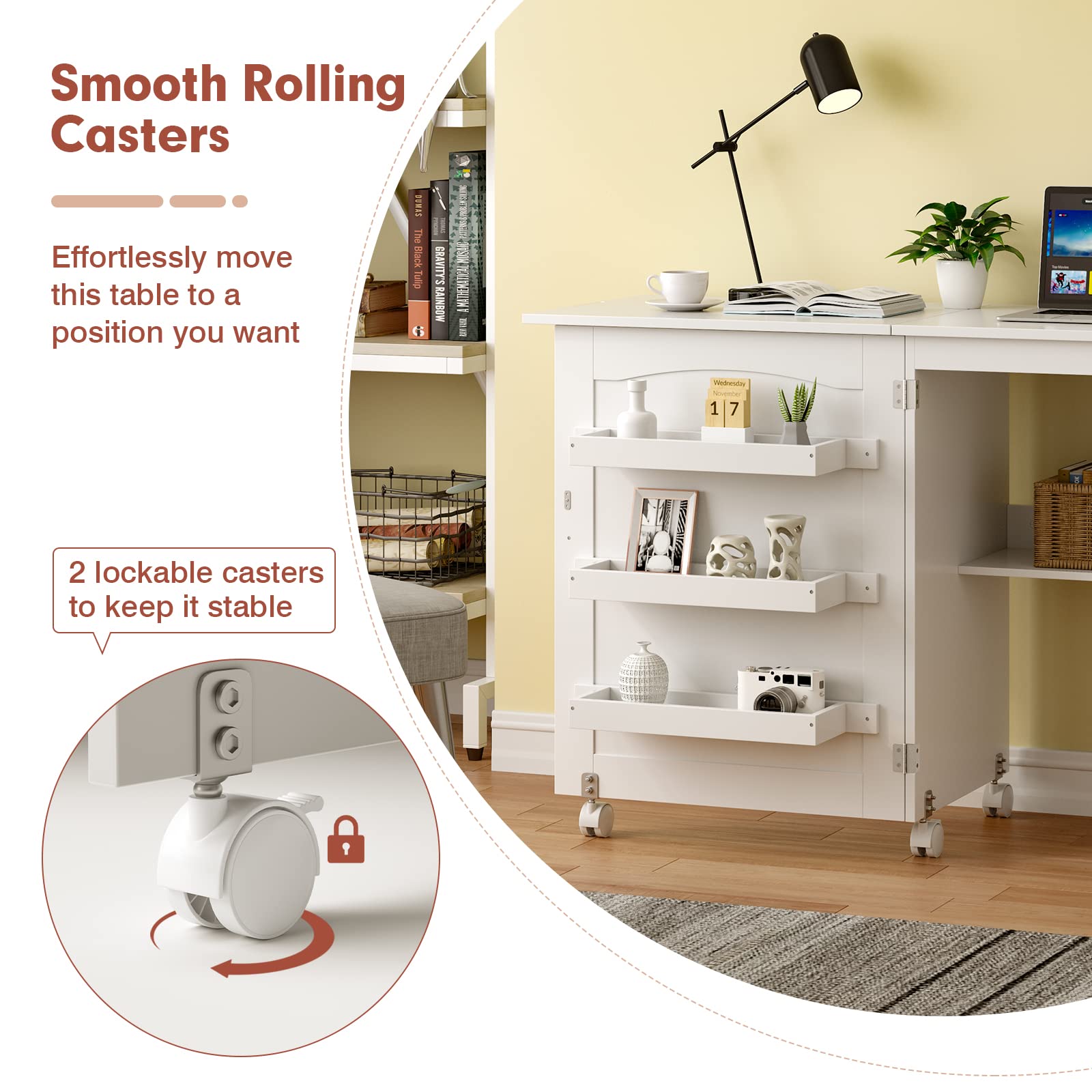 Giantex Folding Sewing Craft Table, Sewing Cabinet with 3 Storage Bins and Shelf, Rolling Craft Station Sewing Machine Work Desk with Lockable Wheels for Apartment Small Spaces, White