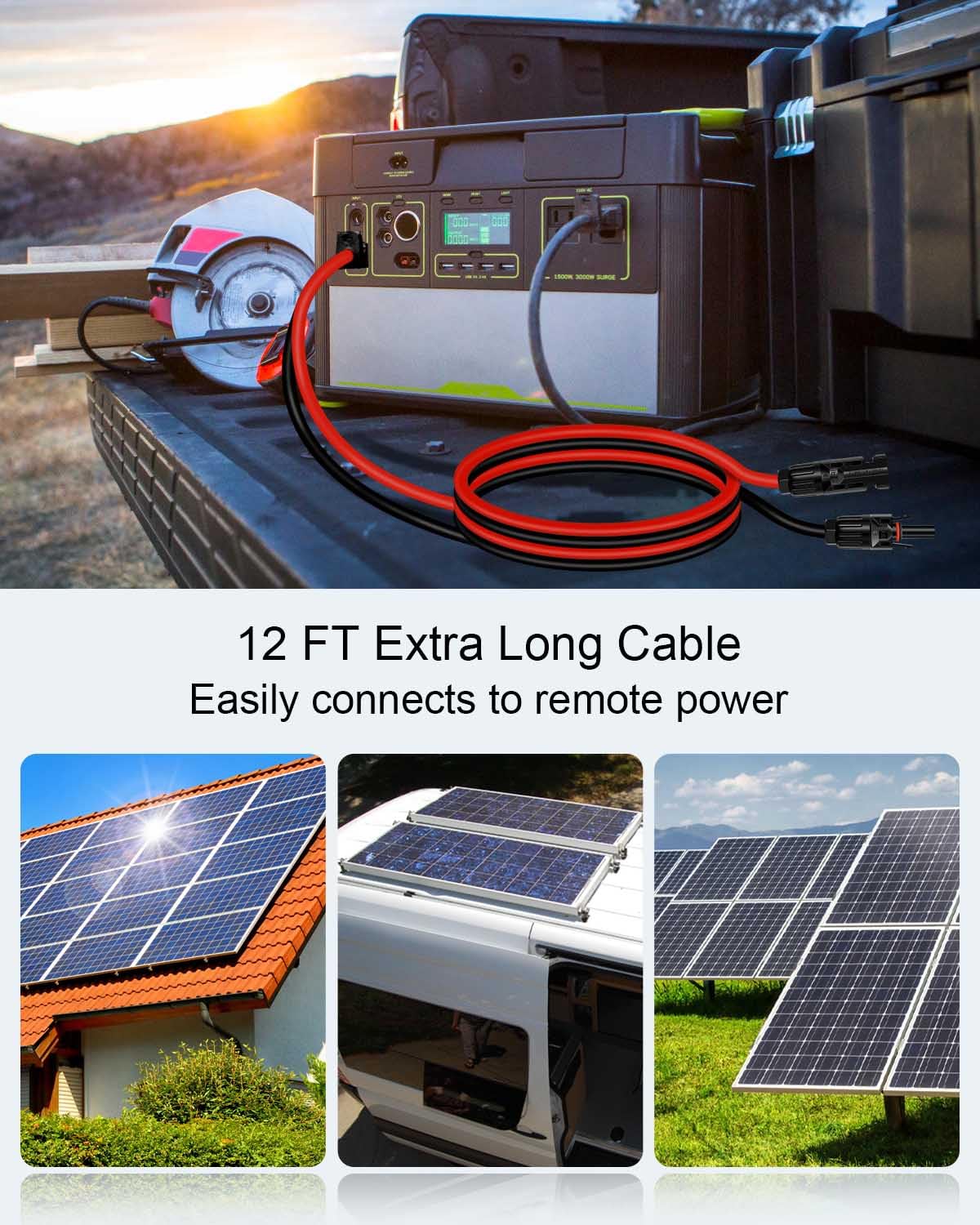 HUQUZN 10AWG 12FT Solar Panel Extension Cable Compatible with Ads Port Adapter and Solar Connector, Solar Charger Cable Kit for Portable Solar Generator Power Station RV, Vertical