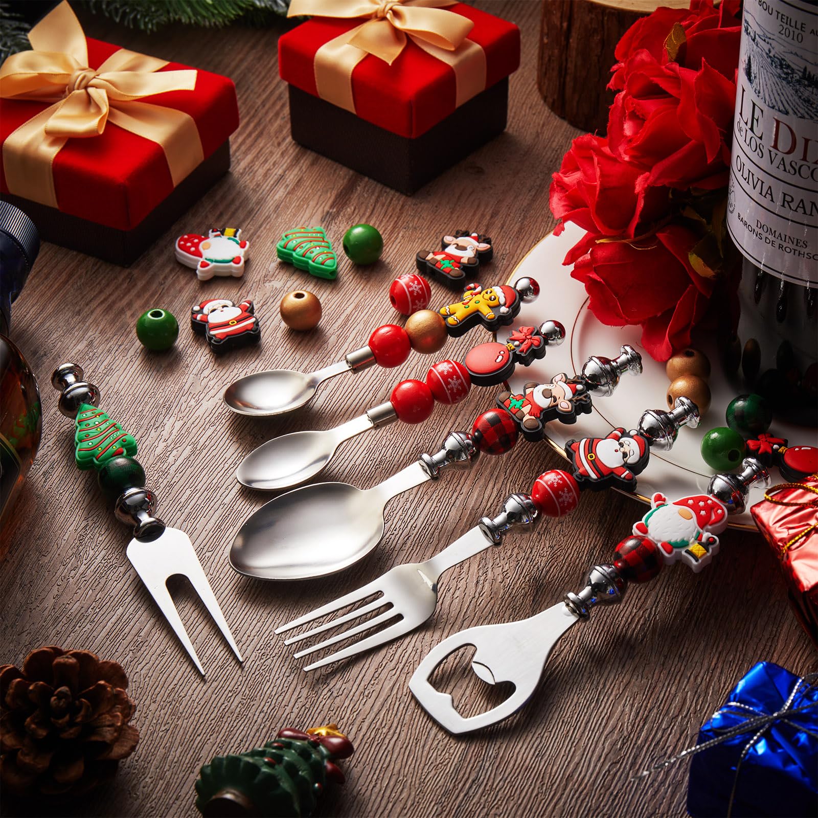 Gisafai 12 Sets Christmas Beadable Spoon Fork Set Beadable Items Christmas Kitchen Utensils Xmas Cutlery Bead Dessert Spoon for Christmas Party Favor Supplies