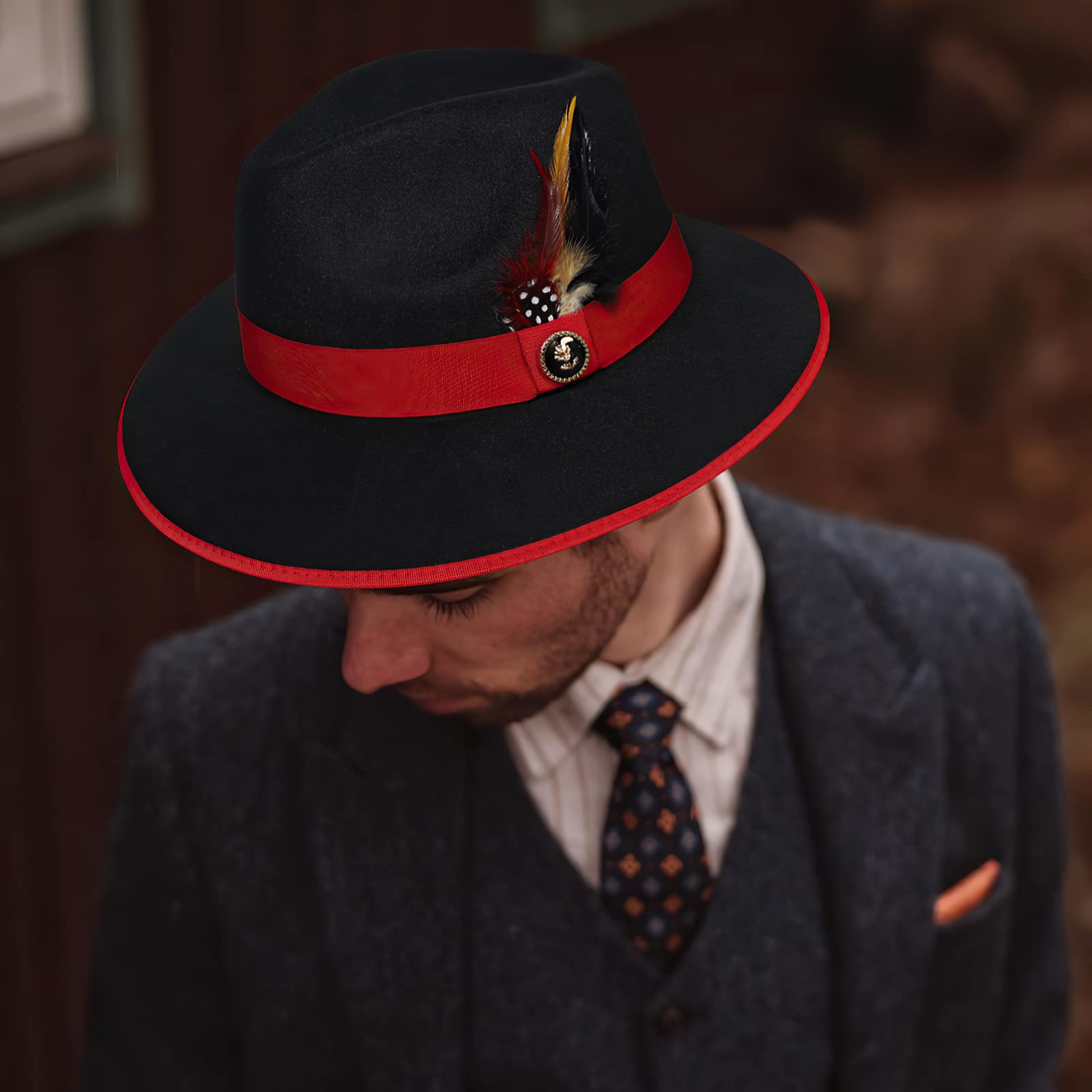 Kalerona Black Fedora Hat for Men & Women Red Trim with Band and Feathers and Decorative Buckle