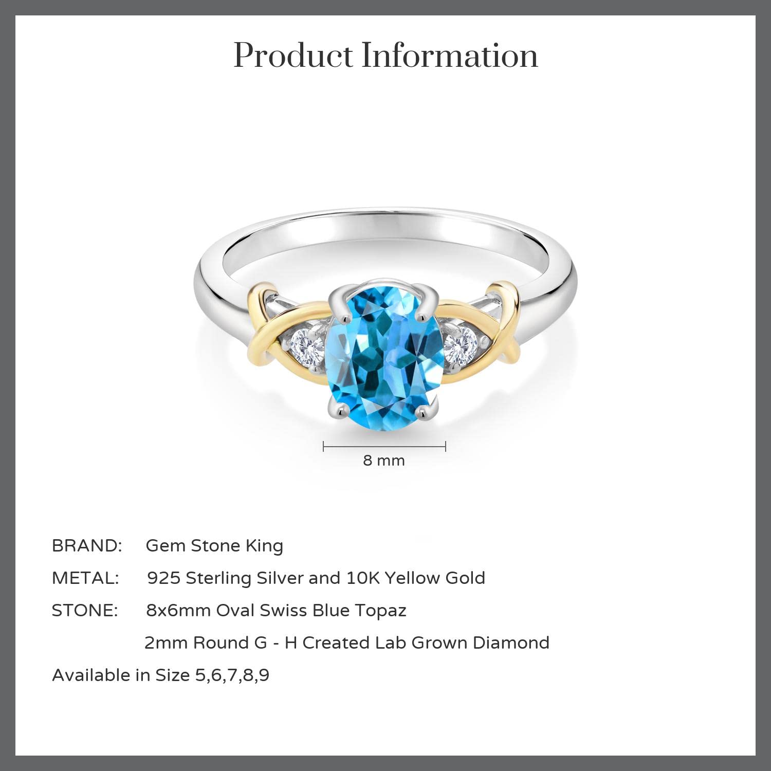 Gem Stone King 2 Tone 10K Yellow Gold and 925 Sterling Silver Swiss Blue Topaz and Lab Grown Diamond Ring For Women (1.58 Cttw, Gemstone Birthstone, Available In Size 5, 6, 7, 8, 9)