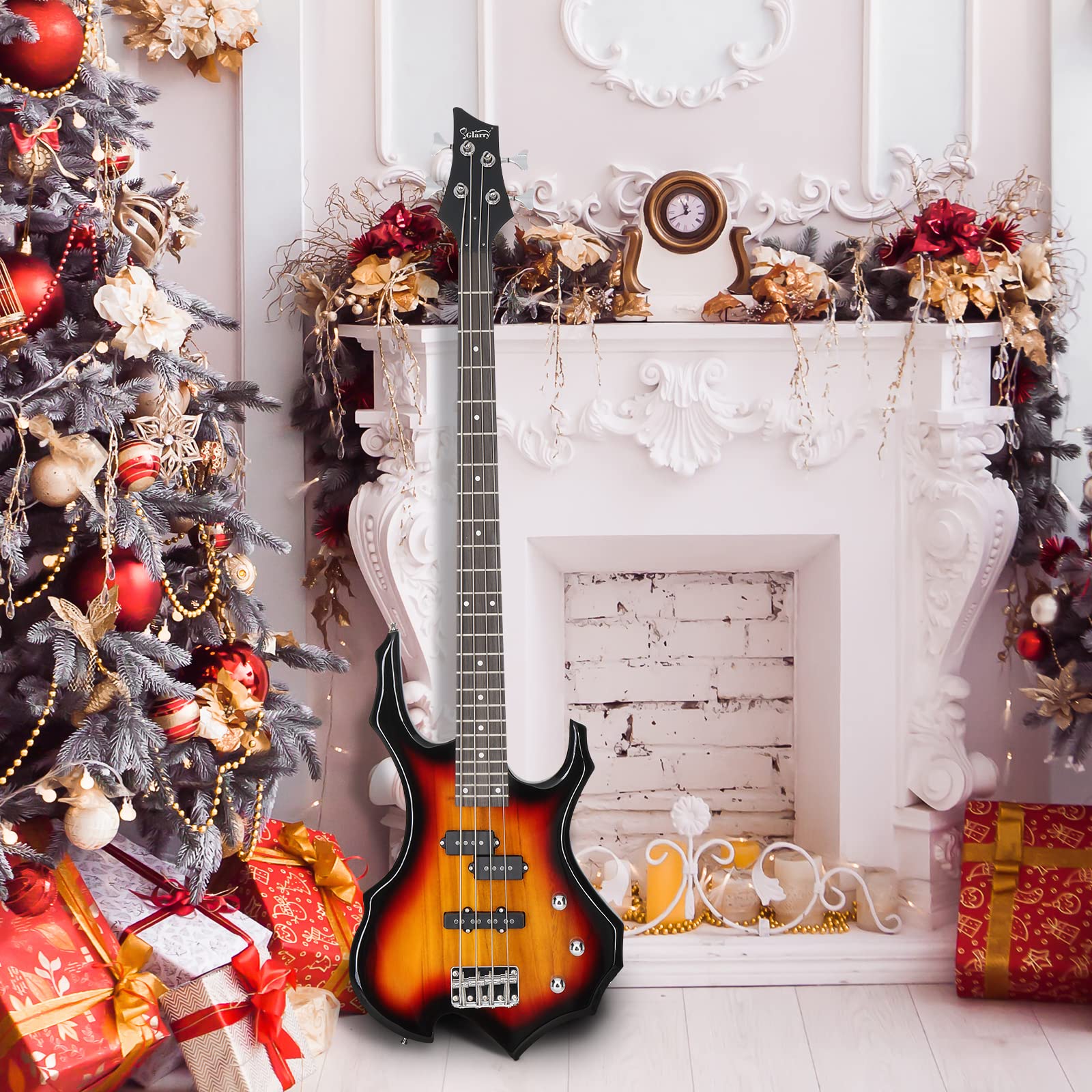GLARRY Electric Bass Guitar 4 Strings Buring Fire Style Full Size for Beginner Right Hand with Bag, Strap and Accessories (Sunset)