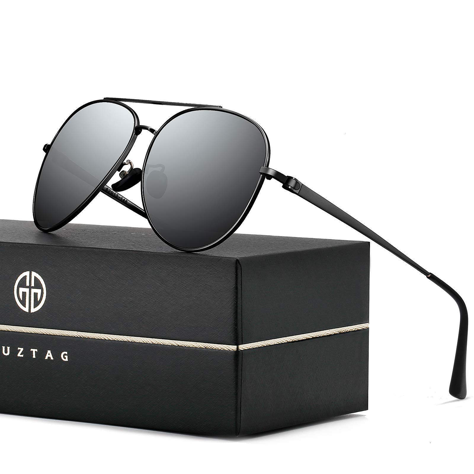 Guztag Classic Aviator Polarized Sunglasses For Men UV400 Protection Lens Stainless Steel G8259 (black & dark gray)