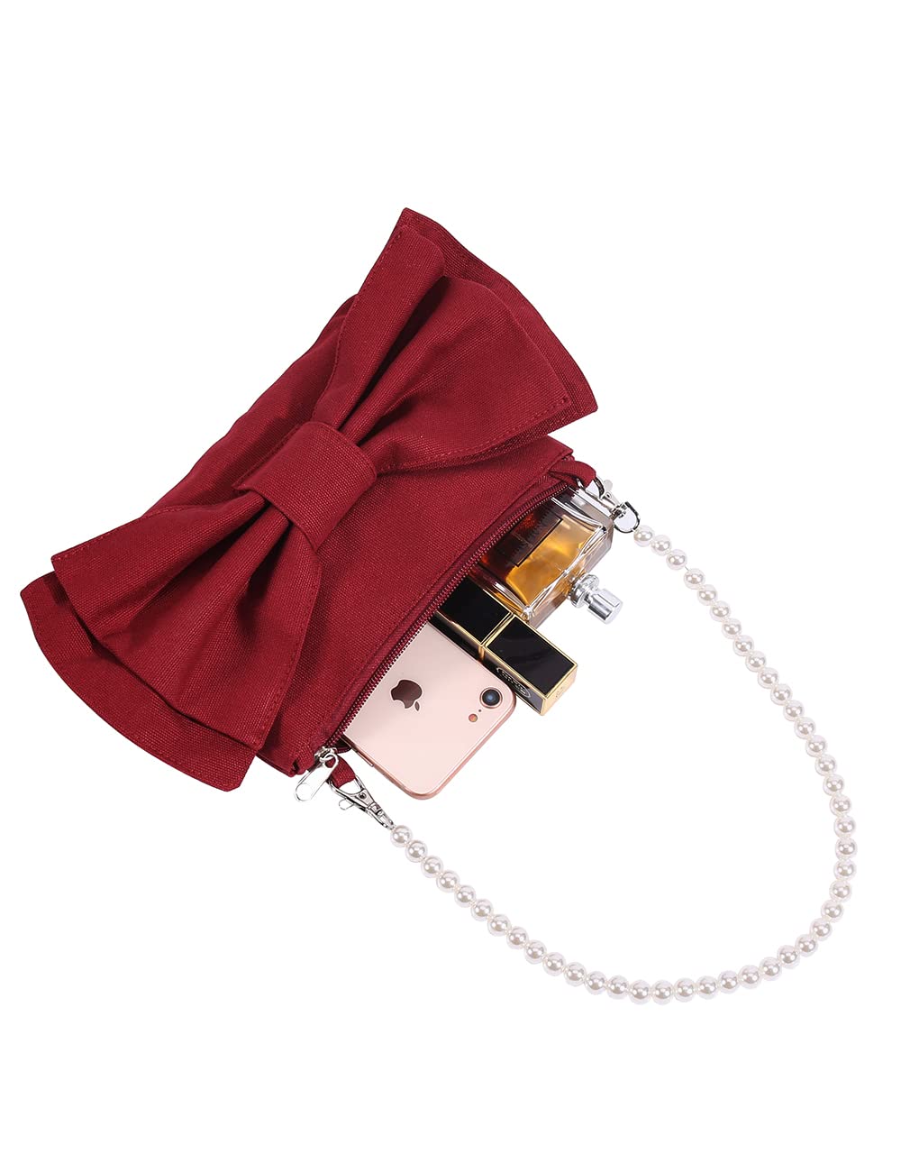 JENLING Red Bow Mini Shoulder Purse Clutch Bag for Women with Pearl Chain (Burgundy)