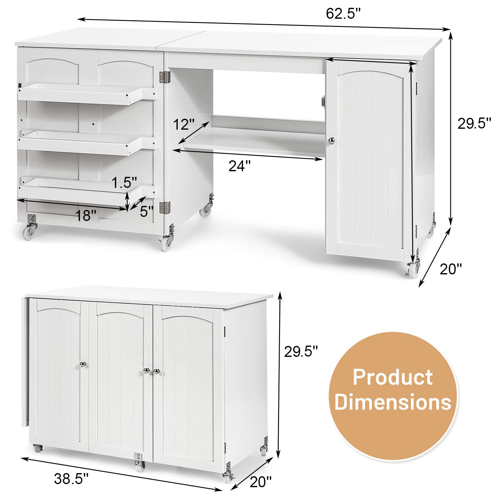 Giantex Folding Sewing Craft Table, 3 Storage Bins, Side Cabinet, Interior Shelf, Rolling Sewing Machine Cabinet Craft Station Desk with Lockable Wheels for Apartment Small Spaces, White