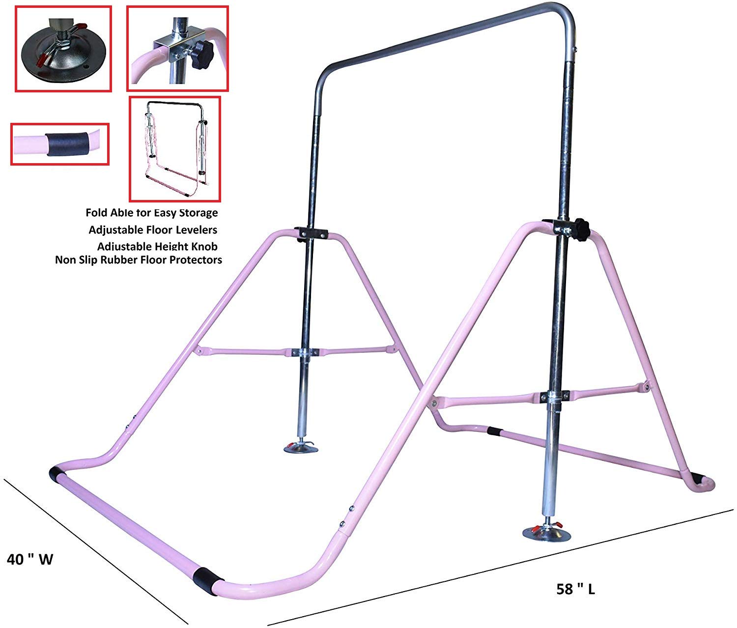 Gymnastics Bar for Kids Horizontal Kip Bar Jungle Gym with 8'x'4 EVA Puzzle Mat, Junior Training Monkey Bars Home Gym Adjustable Height Expandable Junior Training Bar Indoor Foldable (Pink)