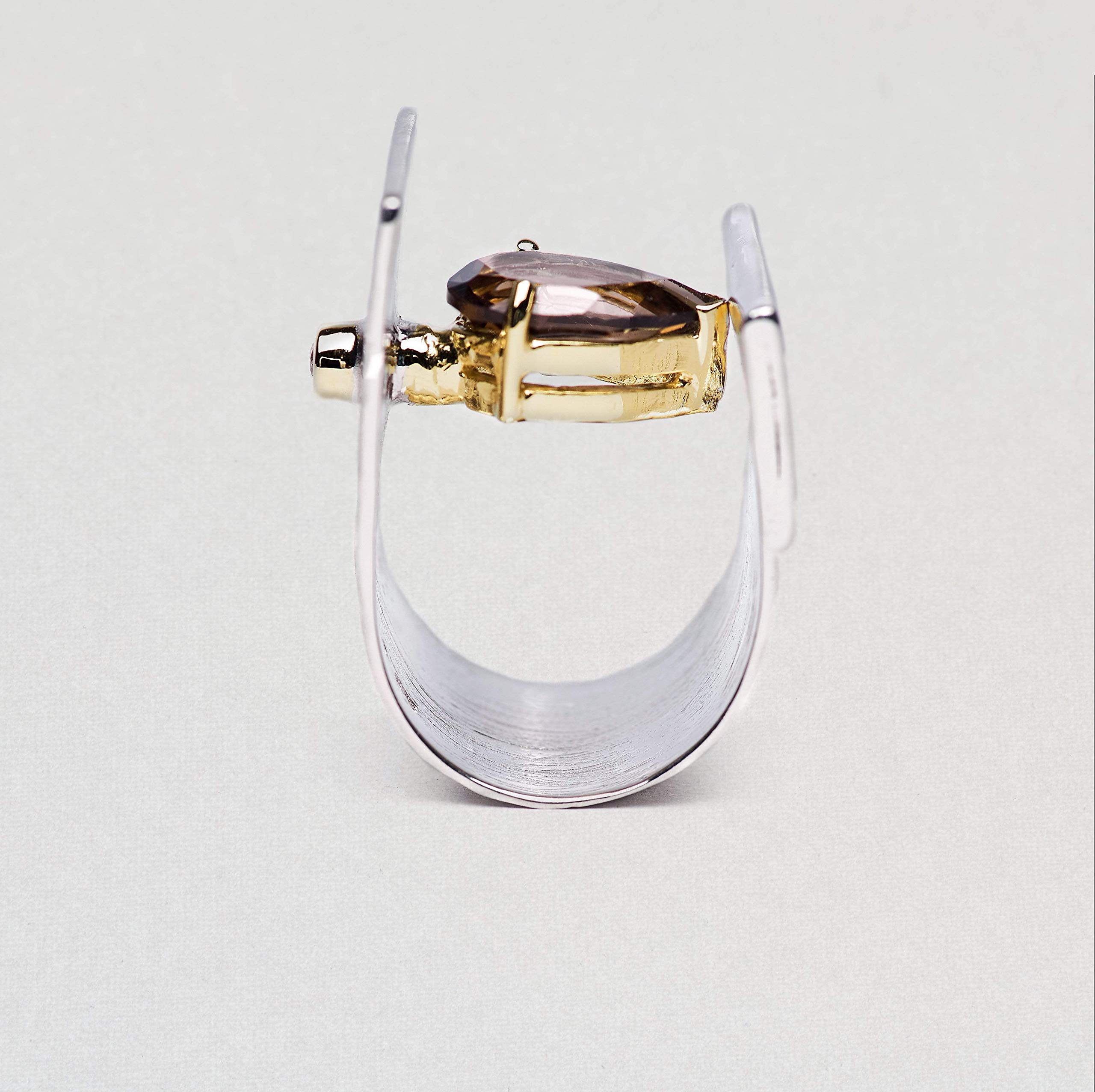german kabirski 2.50 Carat Smoky Quartz Handmade Barrel Ring in 925 Sterling Silver with Gold and White Rhodium Plating Size 8