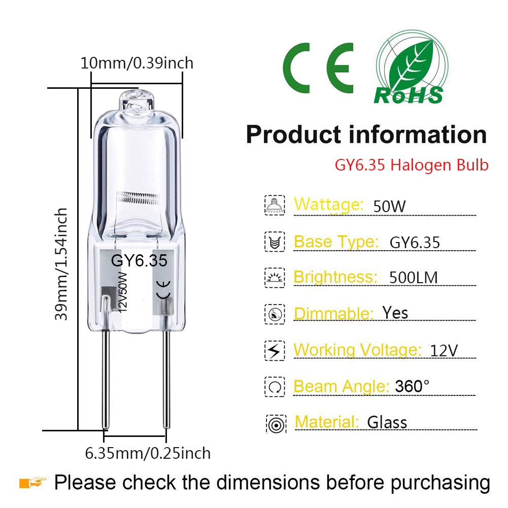 GY6.35 Halogen Bulb 50W Dimmable, Q50/CL/GY6/12V/T3/T4 JC Type GY6.35/G6.35 Bi-pin Base, AC/DC 12V, Warm White 2700K (10 Pack)