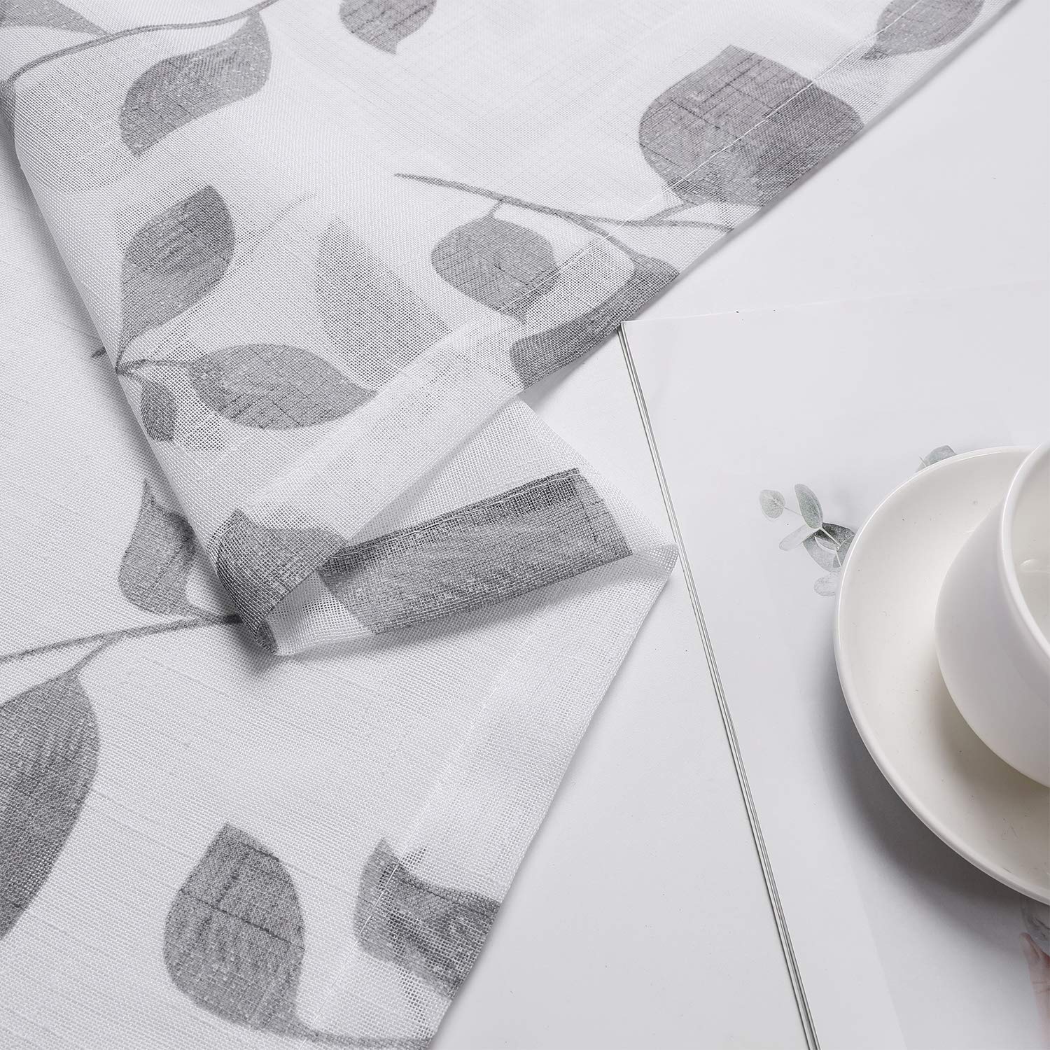 Haperlare Leaves Printed Kitchen Curtain Valance, Floral Leaf Pattern Sheer Valance Curtains for Kitchen Cafe Curtains Linen Textured Look Bathroom Window Curtains, 52" W x 15" L, Taupe, One Panel