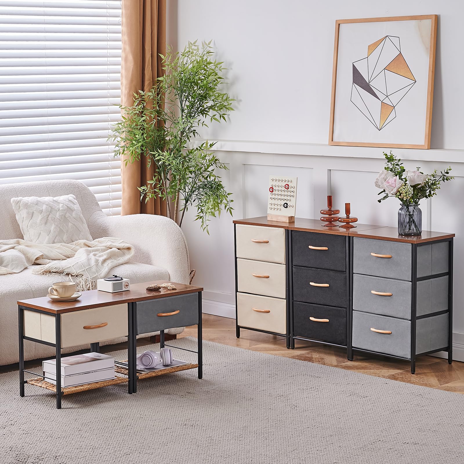 Wimarsbon Nightstand with Drawer, Night Stand Bedside Table with Storage Drawers, with Three Fabric Drawer Bedside Dresser, Modern Bedside Table Fabric Dresser for Bedroom (Light Gray-2)