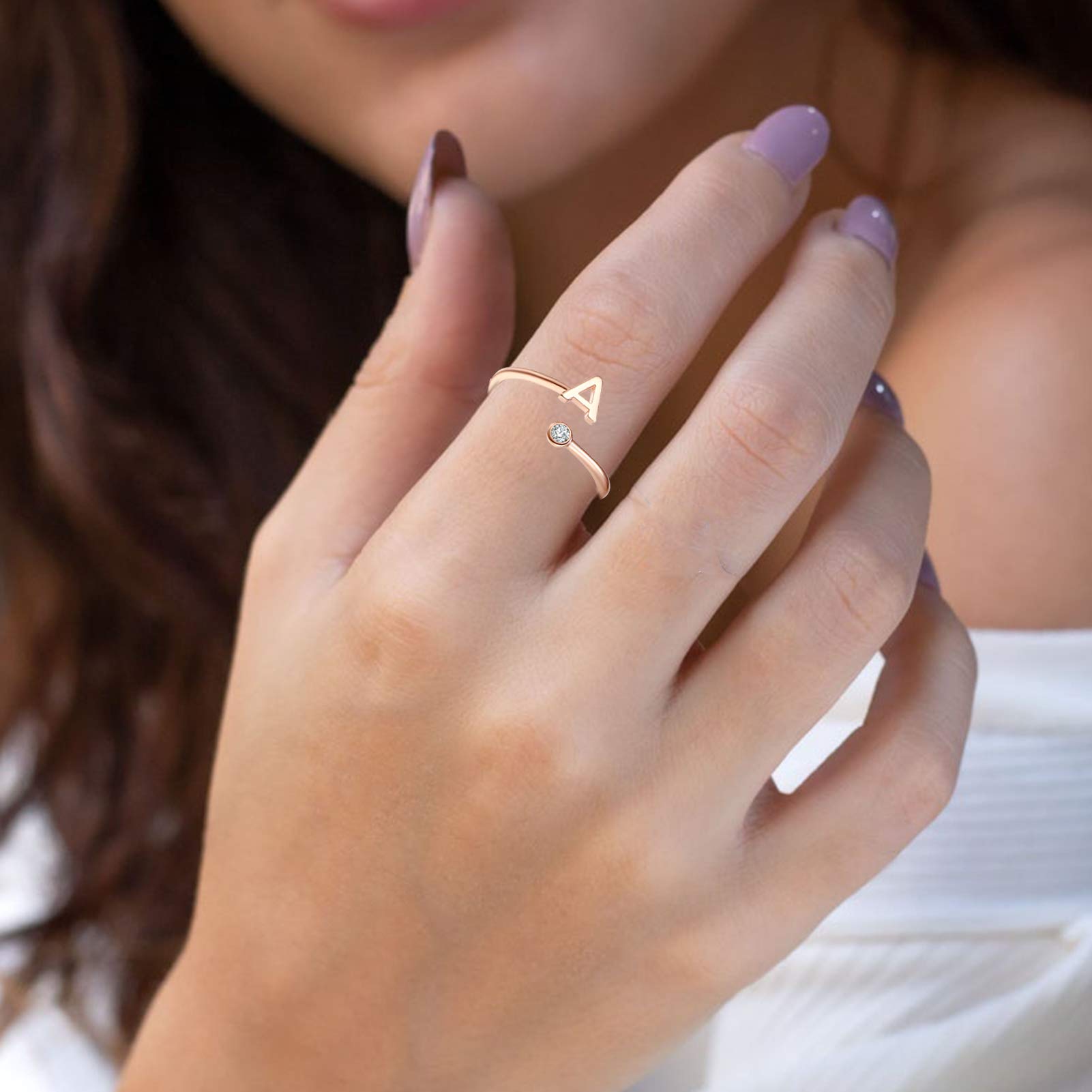 HUASAI Ross Gold Initial Ring for Women Adjustable 26 Stackable Alphabet Rings with Initial Name Knuckle Ring for Bridesmaid Gift(M)