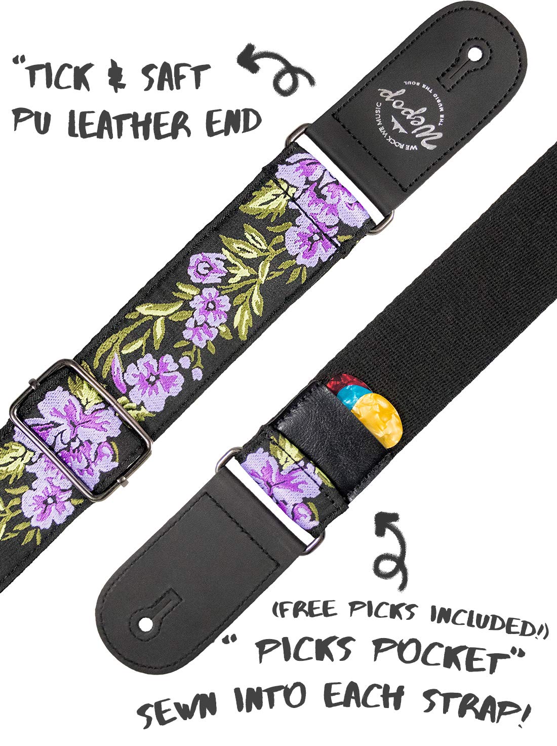 Guitar Strap Flower Rose Vintage Woven Style Leather Ends for Bass Electric Acoustic Guitar Accessories Picks(Purple)