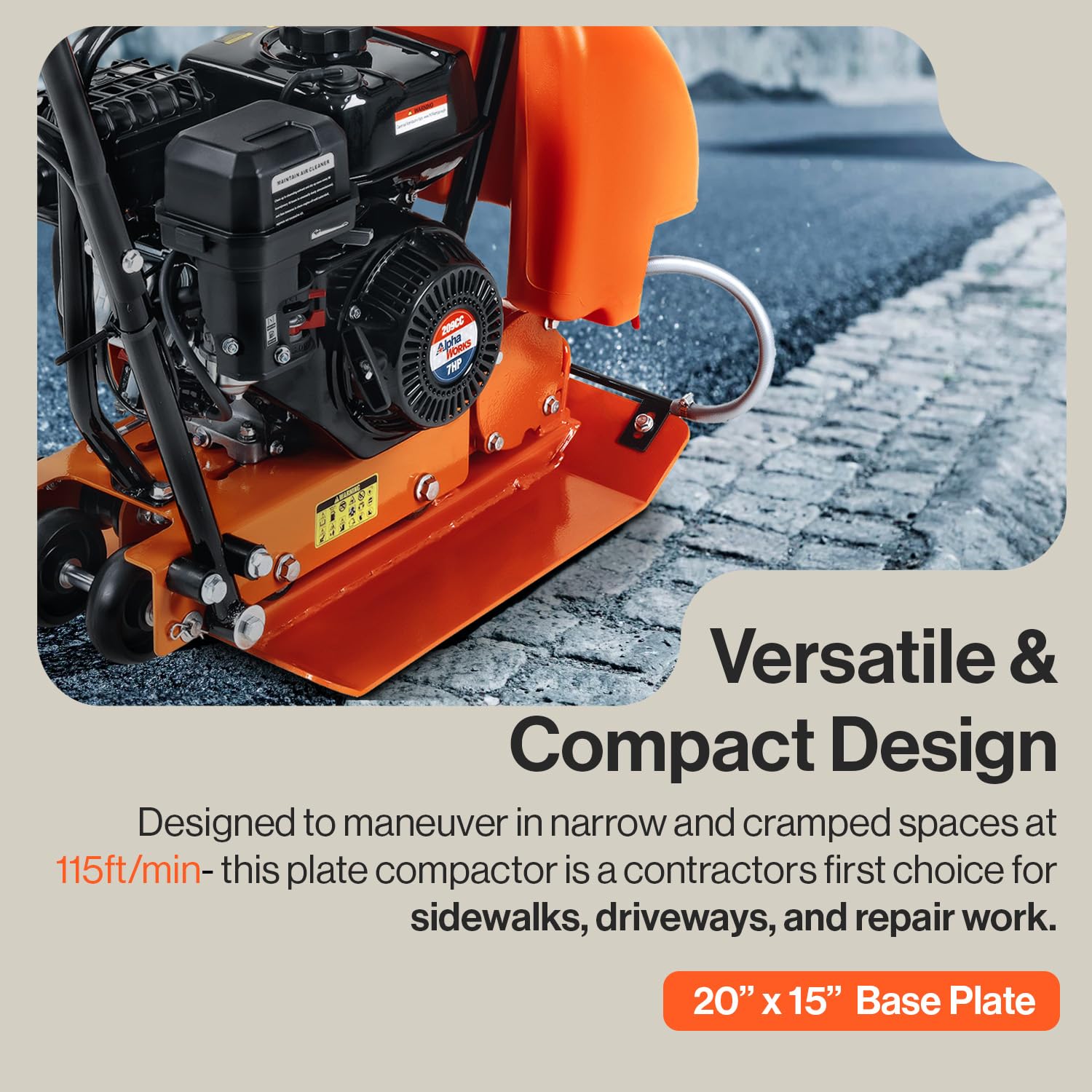 SuperHandy Plate Compactor with Water Tank - Enhanced for Dirt & Asphalt, 7HP 4-Stroke Engine, 5500VPM, 4200lbs Impact, 20x15 Inch Base