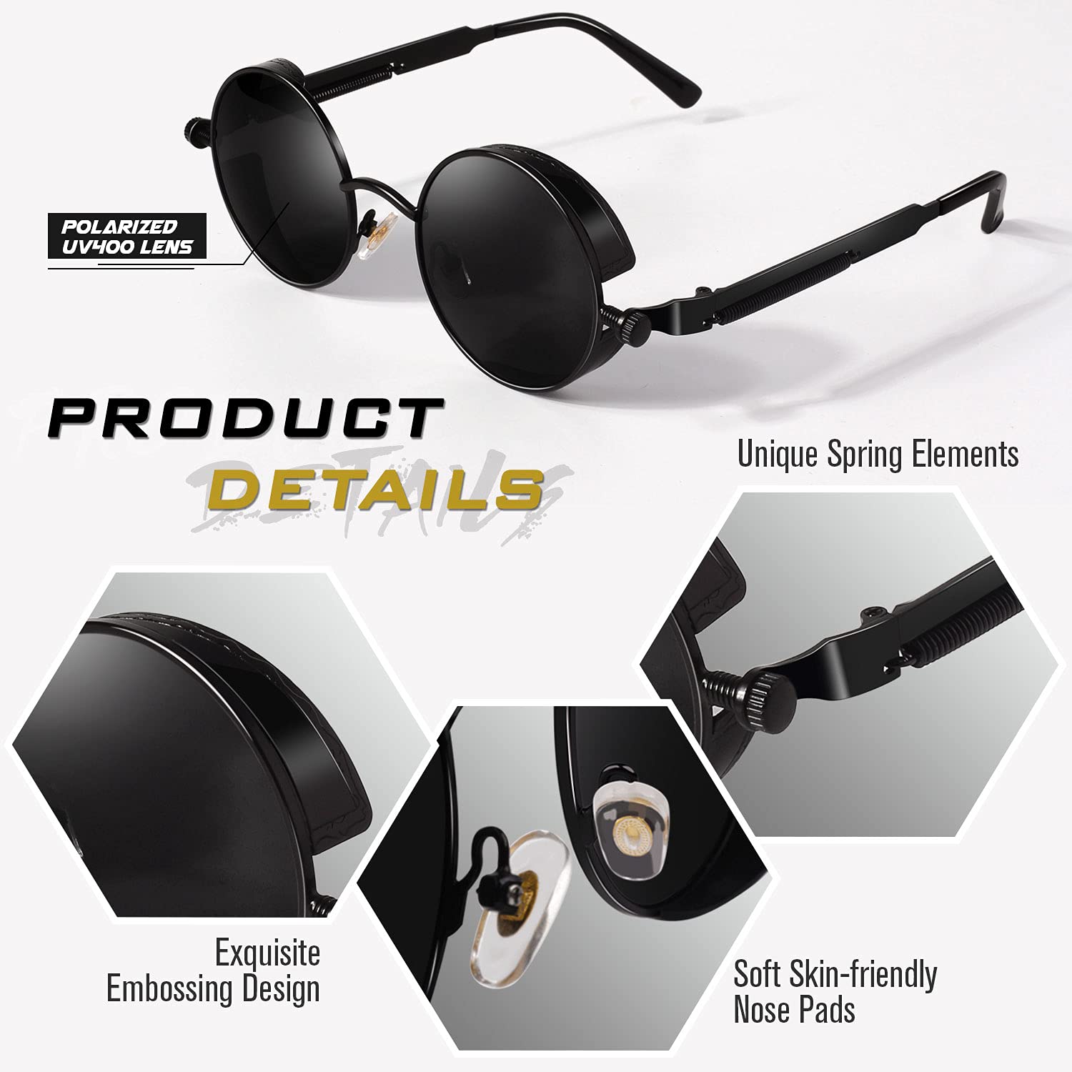 GQUEEN Retro Round Circle Steampunk Sunglasses for Women Men Polarized UV400 Protection,MTS2