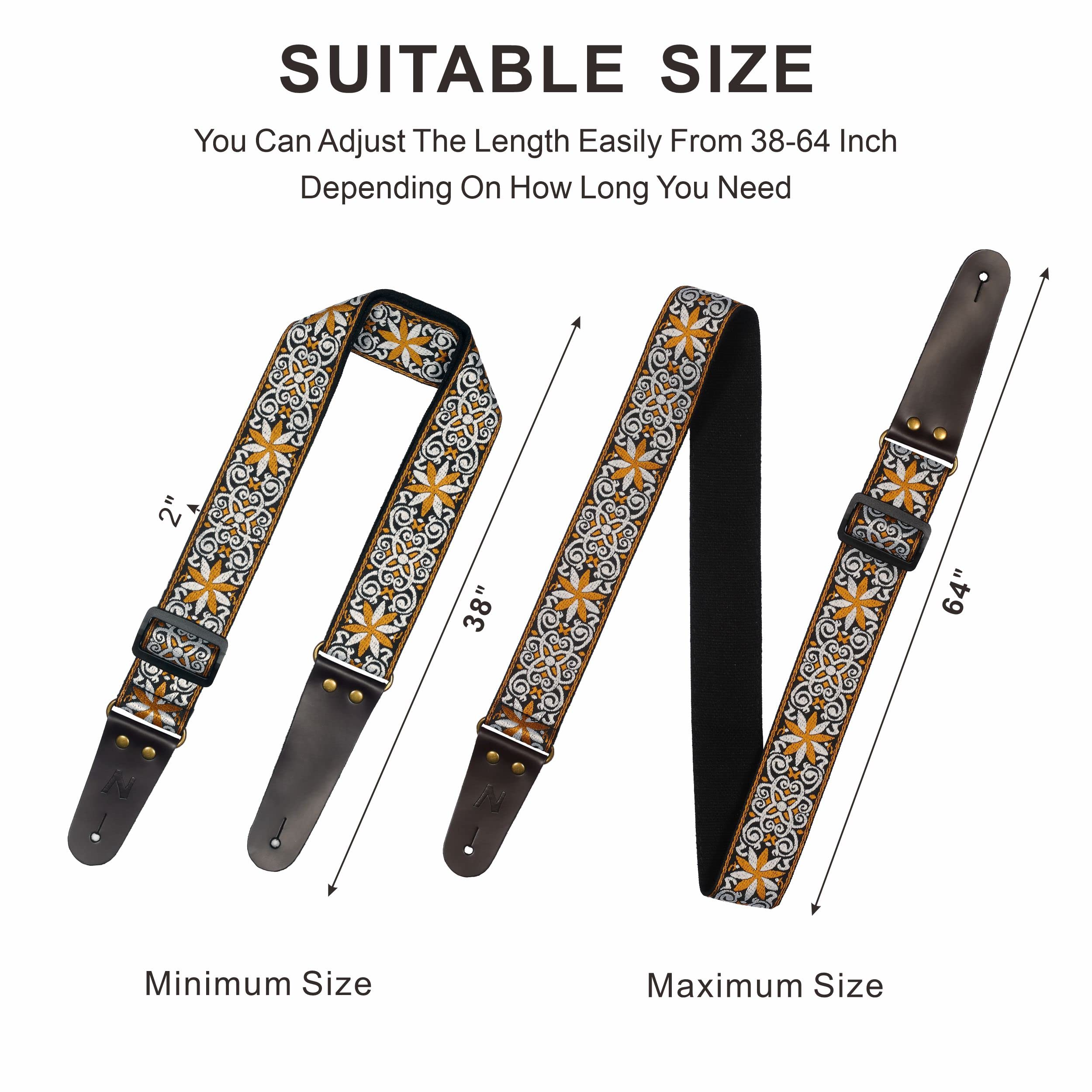 Guitar Strap, Vintage Embroidered Cotton Guitar Straps with Genuine Leather Ends for Bass, Electric & Acoustic Guitars, Come with Free Strap Button, 1 Pair Strap Lock and 4 Guitar Pick (Yellow Flower)