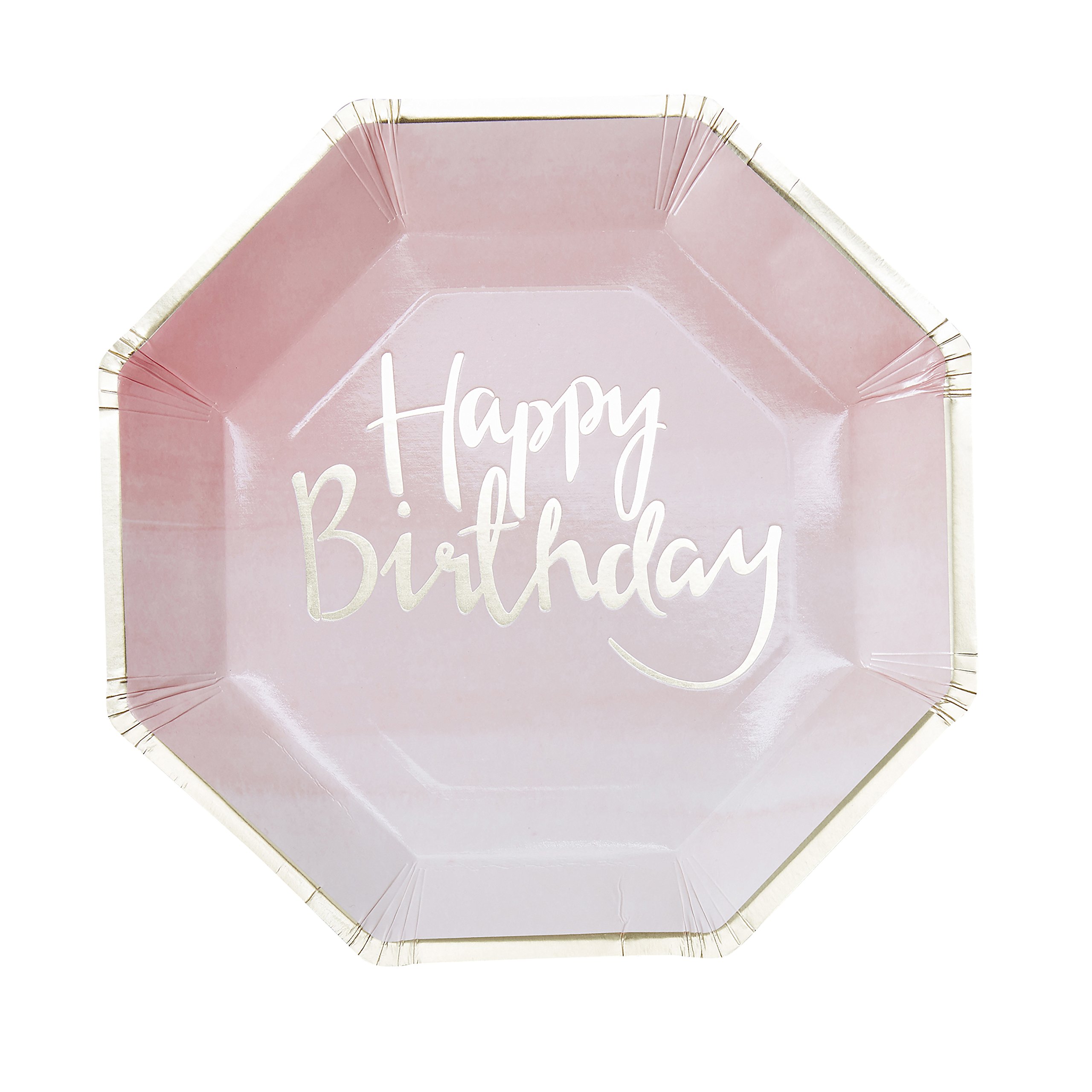 Ginger Ray Pick And Mix Foiled Pink Ombre Happy Birthday Party Paper Plates (8 Pack), Gold, 25Cm, Model Number: