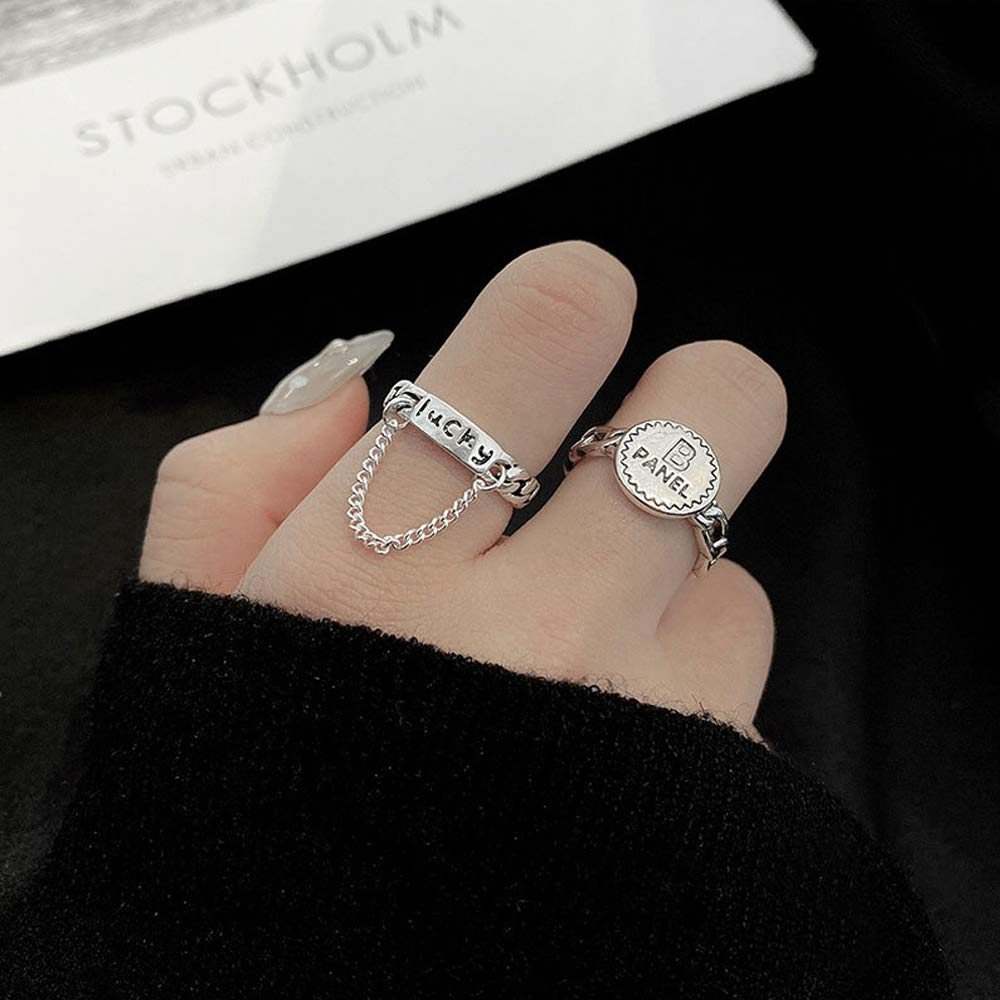 GulCean Adjustable Ring Set for Women Men Vintage Silver Stylish Cool Goth Kpop Hippie Anime Emo Lucky B Letter Rabbit Belt Buckle Charms Chain Rings Set Gift 4pcs (Vintage Silver)