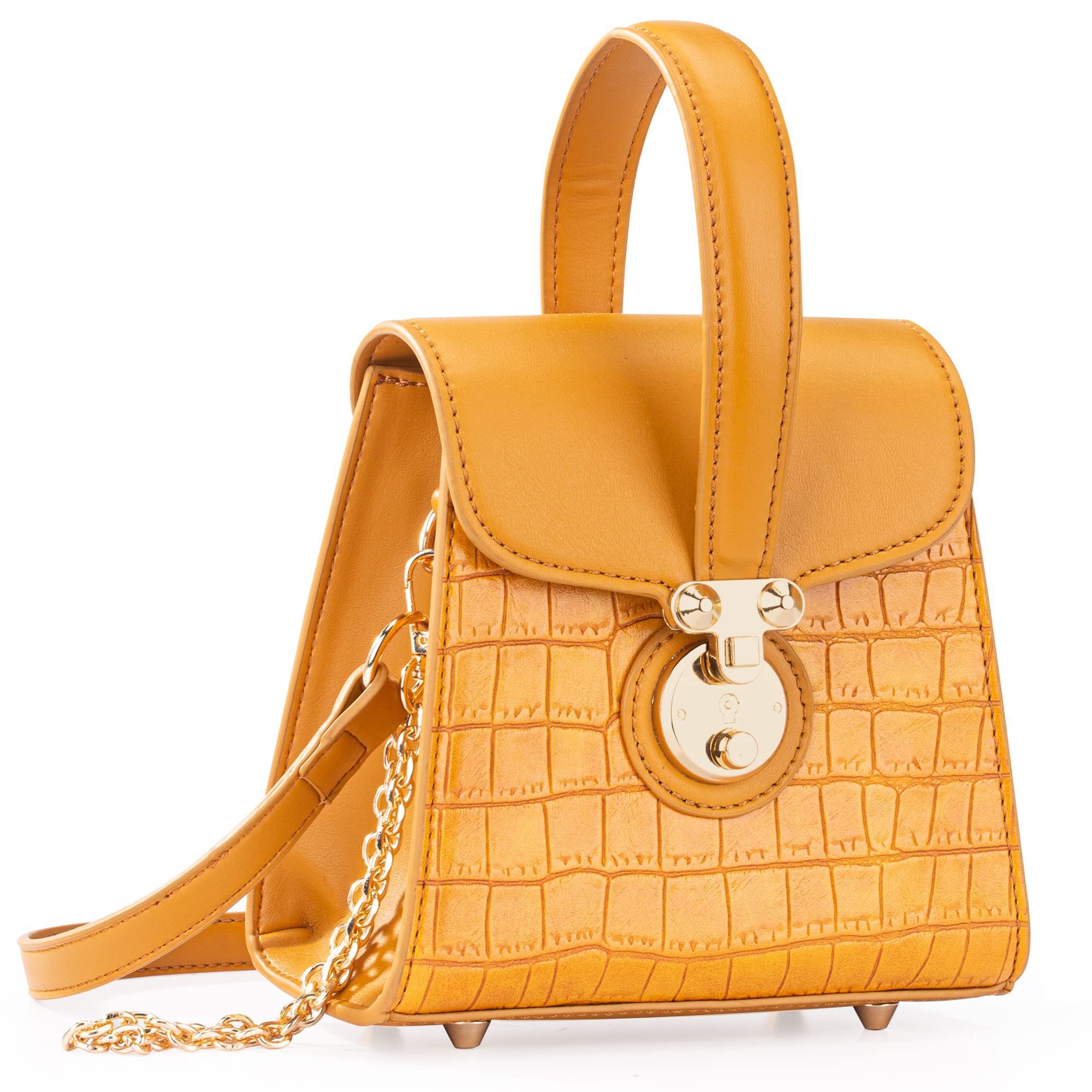Milan Chiva Top Handle Purse Crocodile Crossbody Bag for Women Trendy Cute Shoulder Handbag with Chain Strap MC-1011YL, Yellow