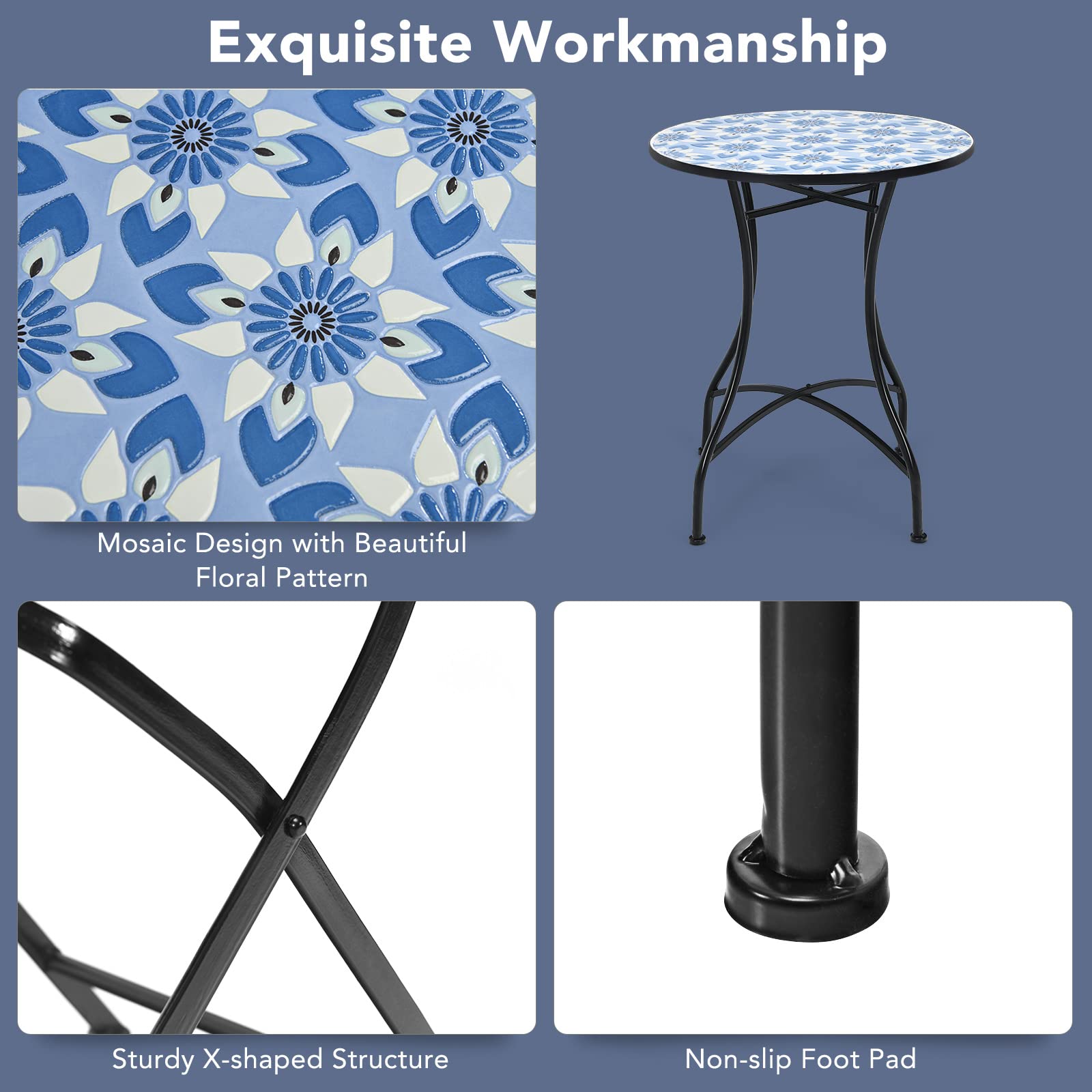 Giantex Mosaic Round Table, Outdoor Dining Table with Exquisite Floral Pattern and Ceramic Tile Tabletop, Plant Stand for Patio, Garden, Balcony, Backyard or Living Room Porch (Blue)