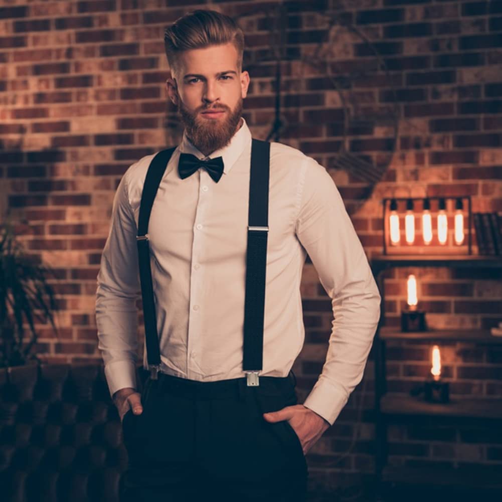 HYCOPROT Men's Suspenders Solid Adjustable Elastic Heavy Duty Clips X- BACK for Casual and Formal