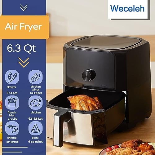 Weceleh Air Fryer, 6.3 Quart Large Toaster Oven, 9 in 1 Airfryer with Temperature Control & Timer Knob, Up to 392β, LED Display, Oil-Free, Non Stick Basket, Auto Shut Off Feature, Black, 1700W