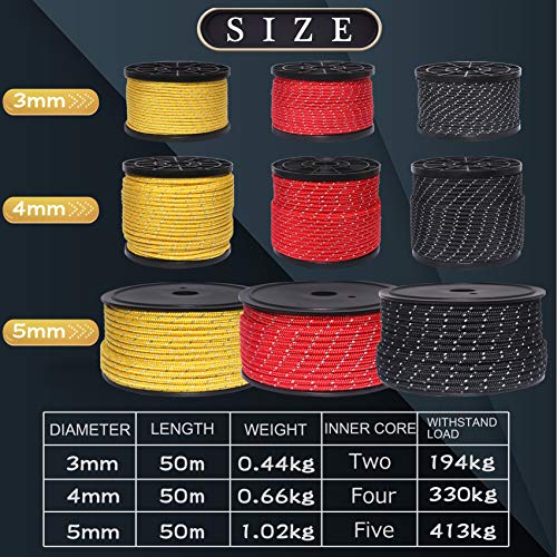 HIKEMAN 50m Reflective Guyline Solid Braid Nylon Camping Rope with Aluminum Adjuster Cord Tensioner Tent Accessory for Outdoor Travel,Hiking,Backpacking and Water Activities (Yellow, 5mm)