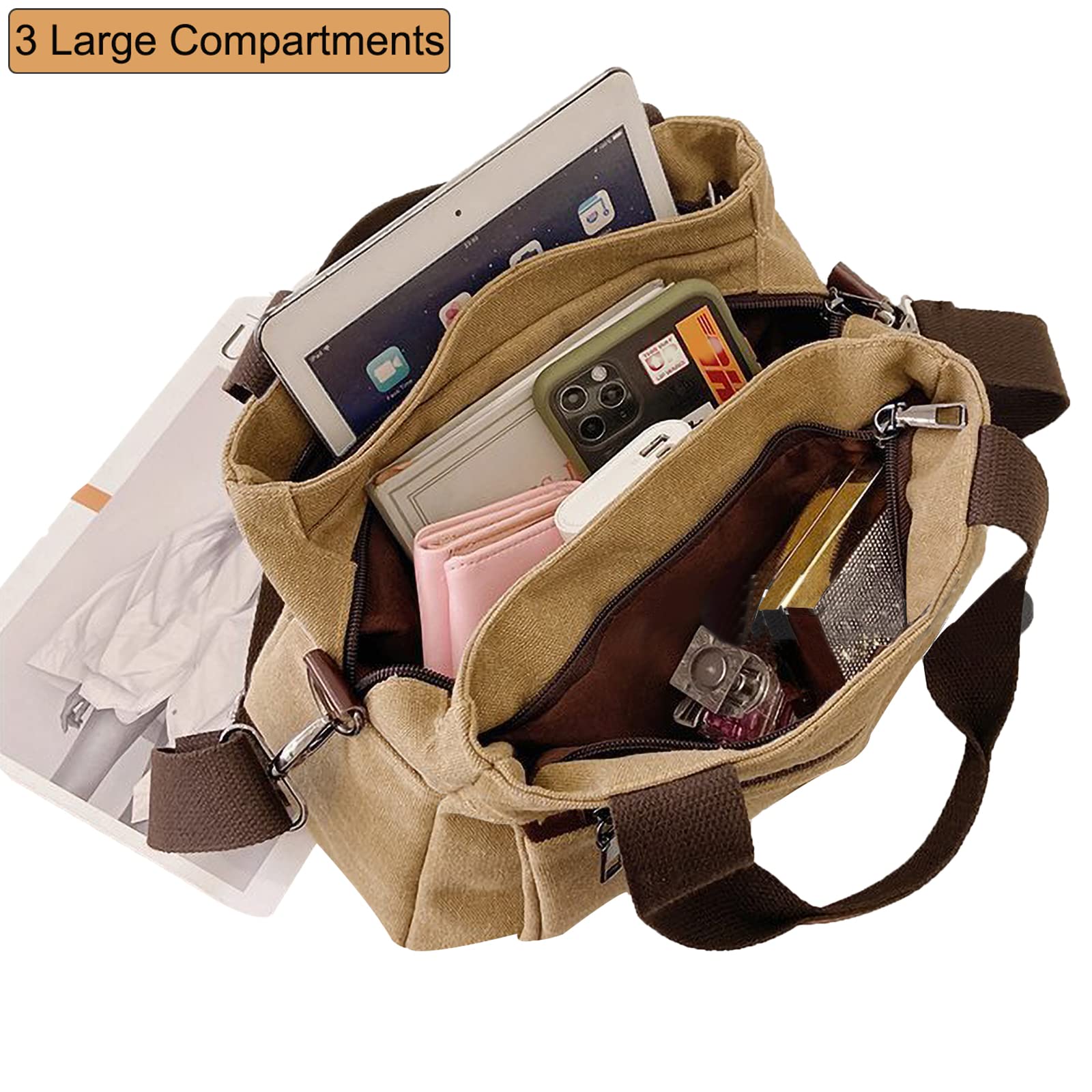 Lytosmoo Canvas Crossbody Shoulder Tote Purse Bag for Women Multi-pocket Casual Purse Messenger Work Bags